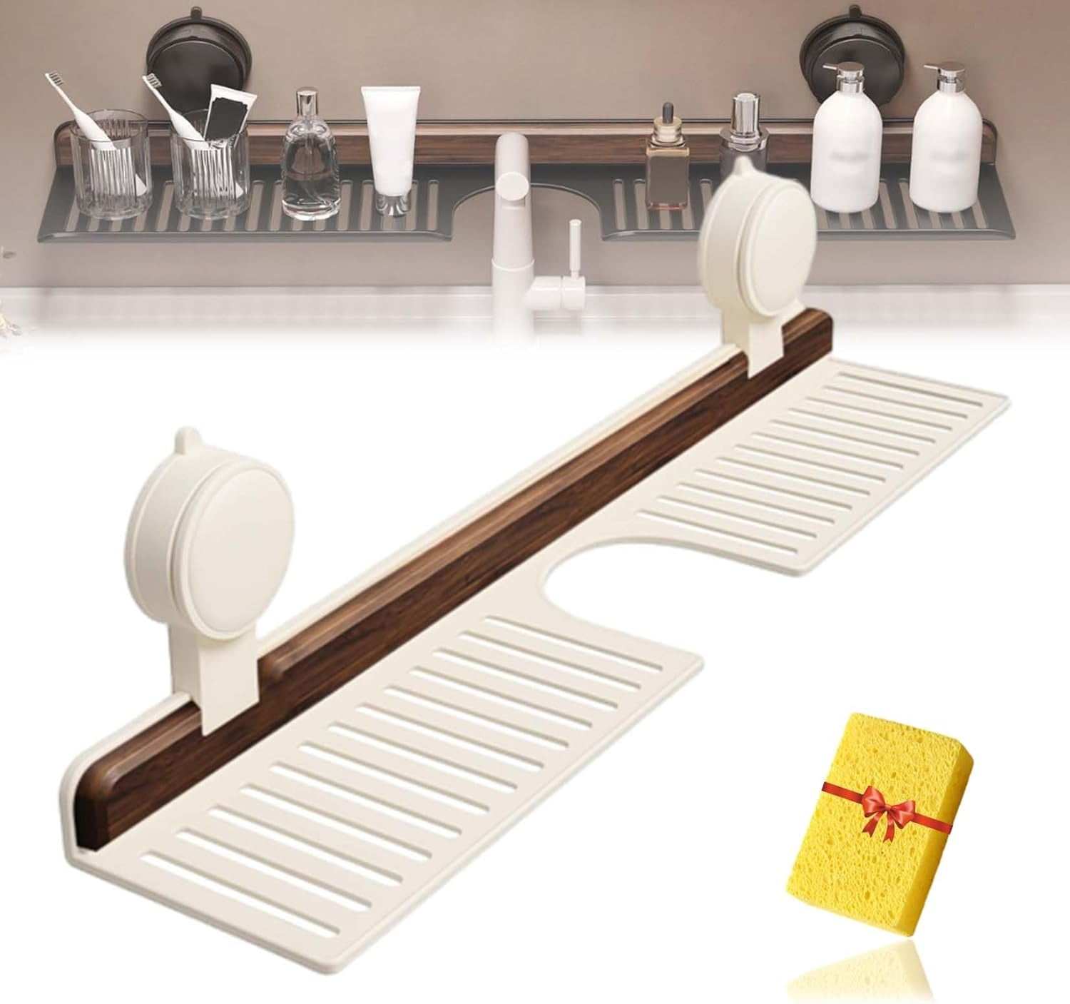 Walnut Suction Cup Bathroom Shelf, 2025 New Faucet Organizer Rack for ...