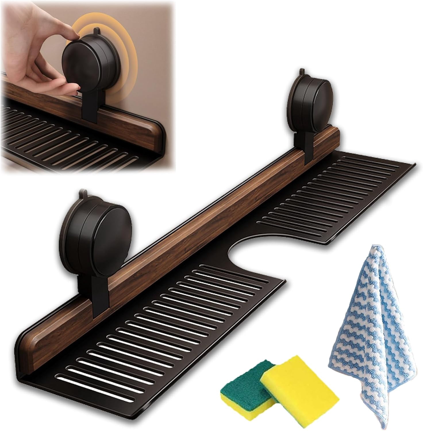 Walnut Suction Cup Bathroom Shelf, No-Drill Bathroom Organizer Shelf ...