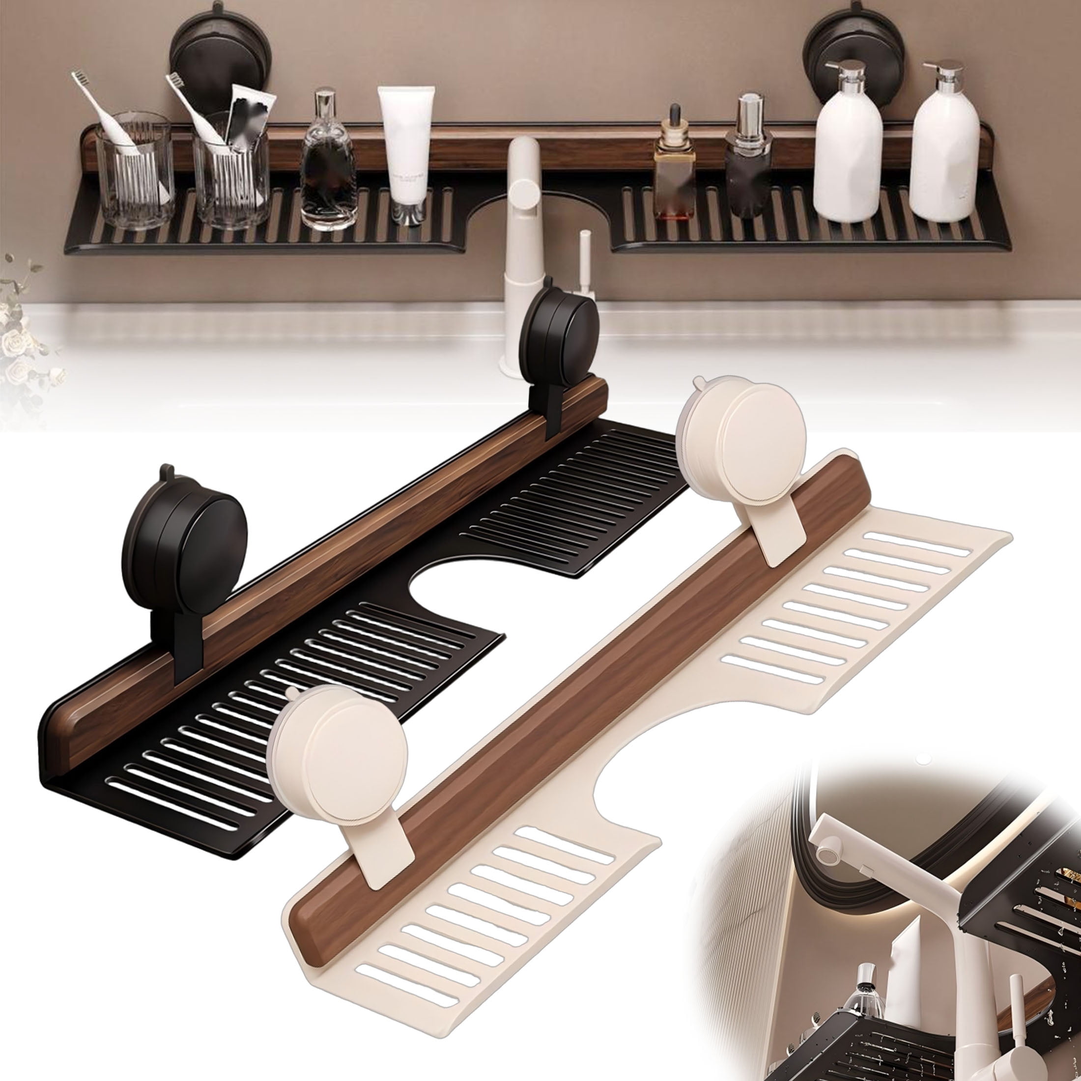 Walnut Suction Cup Bathroom Shelf-Over Faucet,Wall Mounted Sink ...