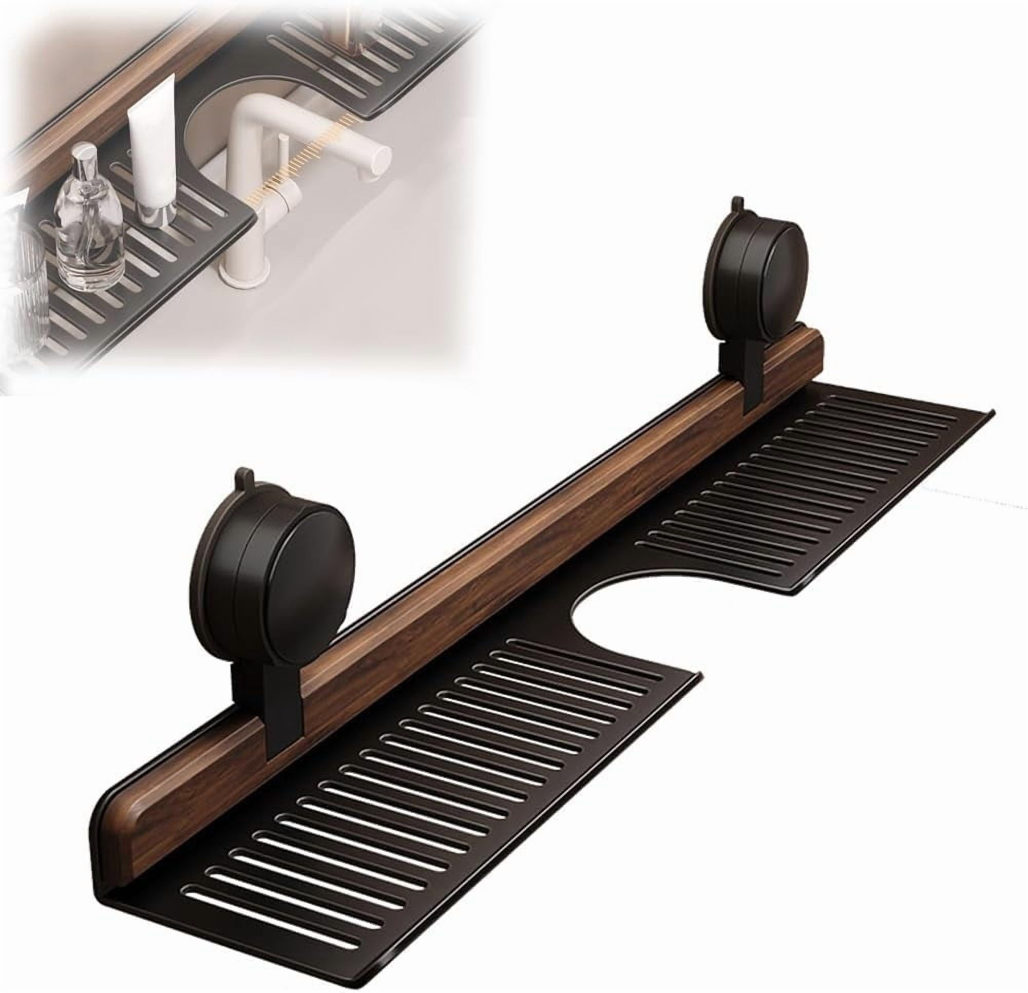 Walnut Suction Cup Bathroom Shelf, Wall Mounted No Drilling Wooden ...