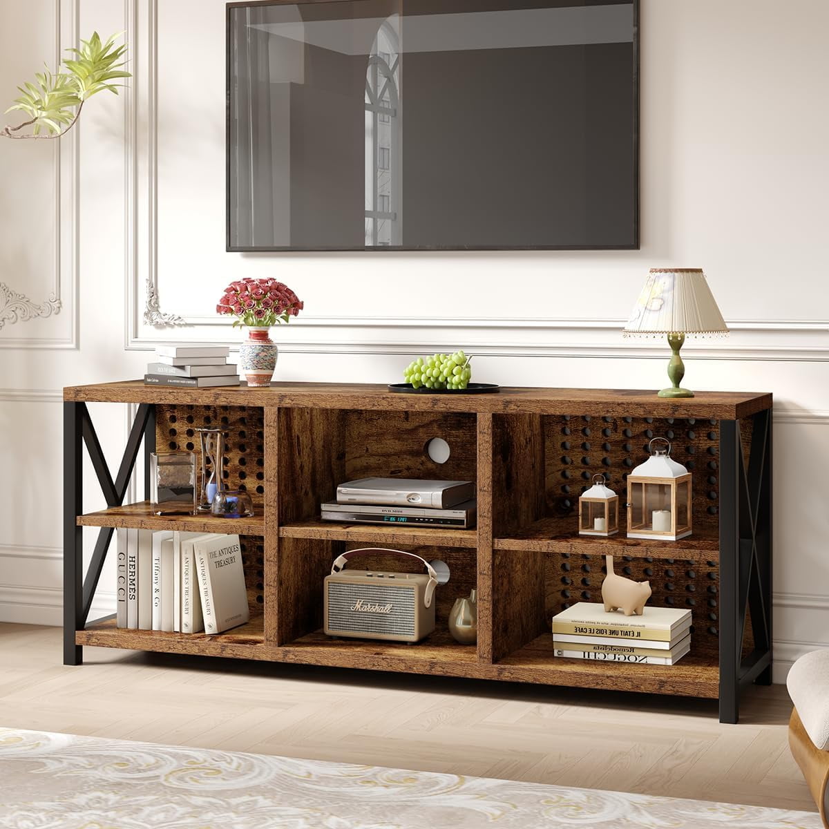 Walnut TV Stand for 65 Inch TV Wood and Metal Entertainment Center with ...