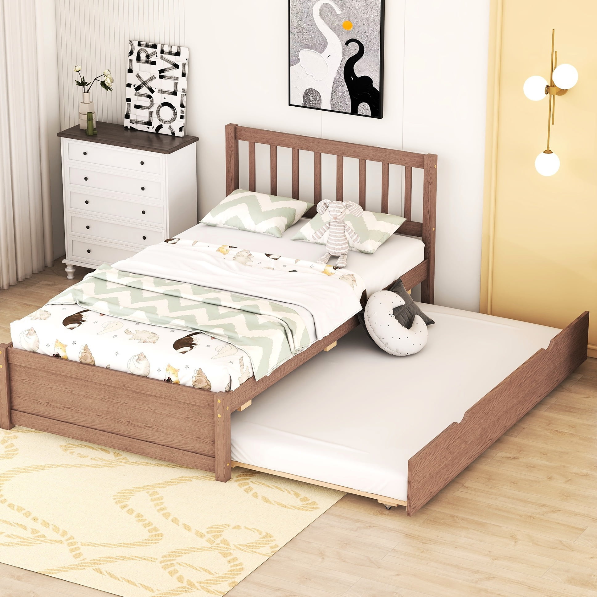 Walnut Twin Size Bed Frame With Roll-out Trundle - Stable & Classy ...