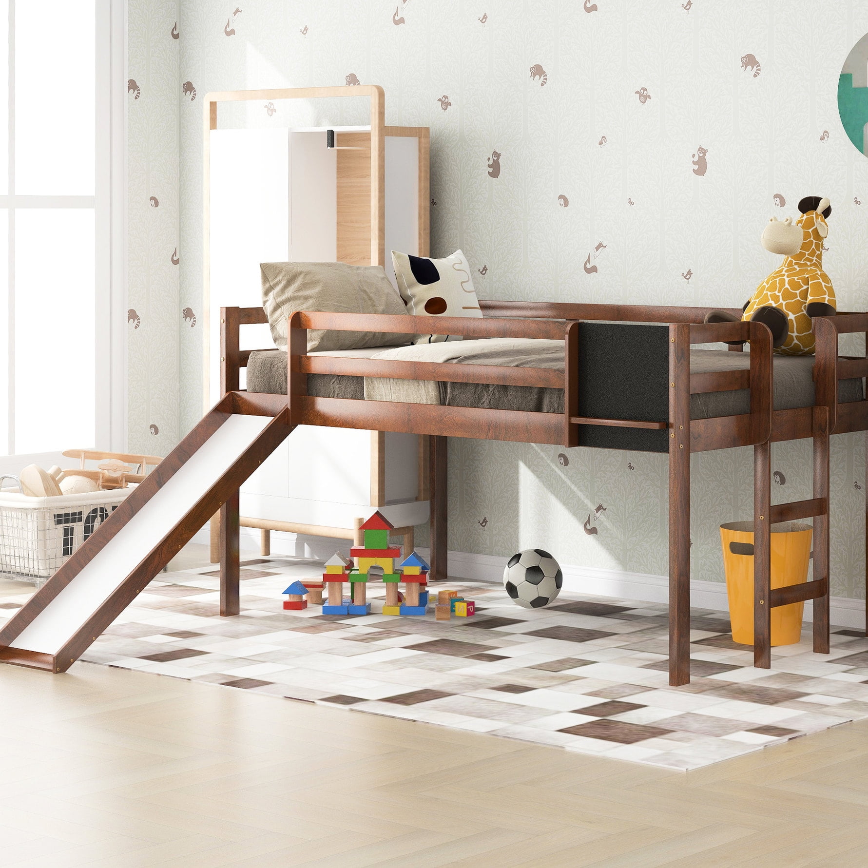 Walnut Twin Size Loft Bed | Ladder and Slide for Bedroom Fun and ...