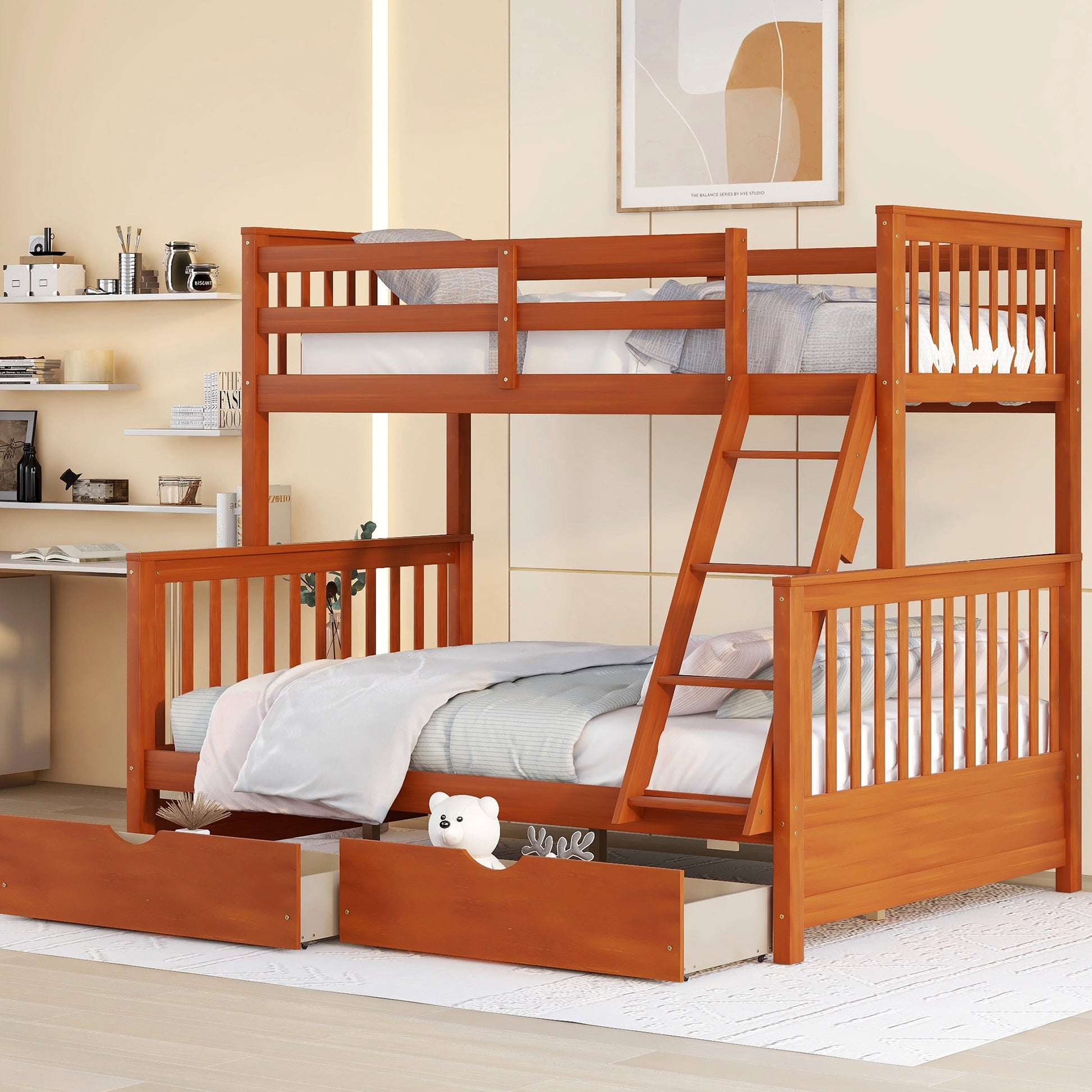 Walnut Twinfull Bunk Bed With Handrail And Drawer Storage Solid Wood ...