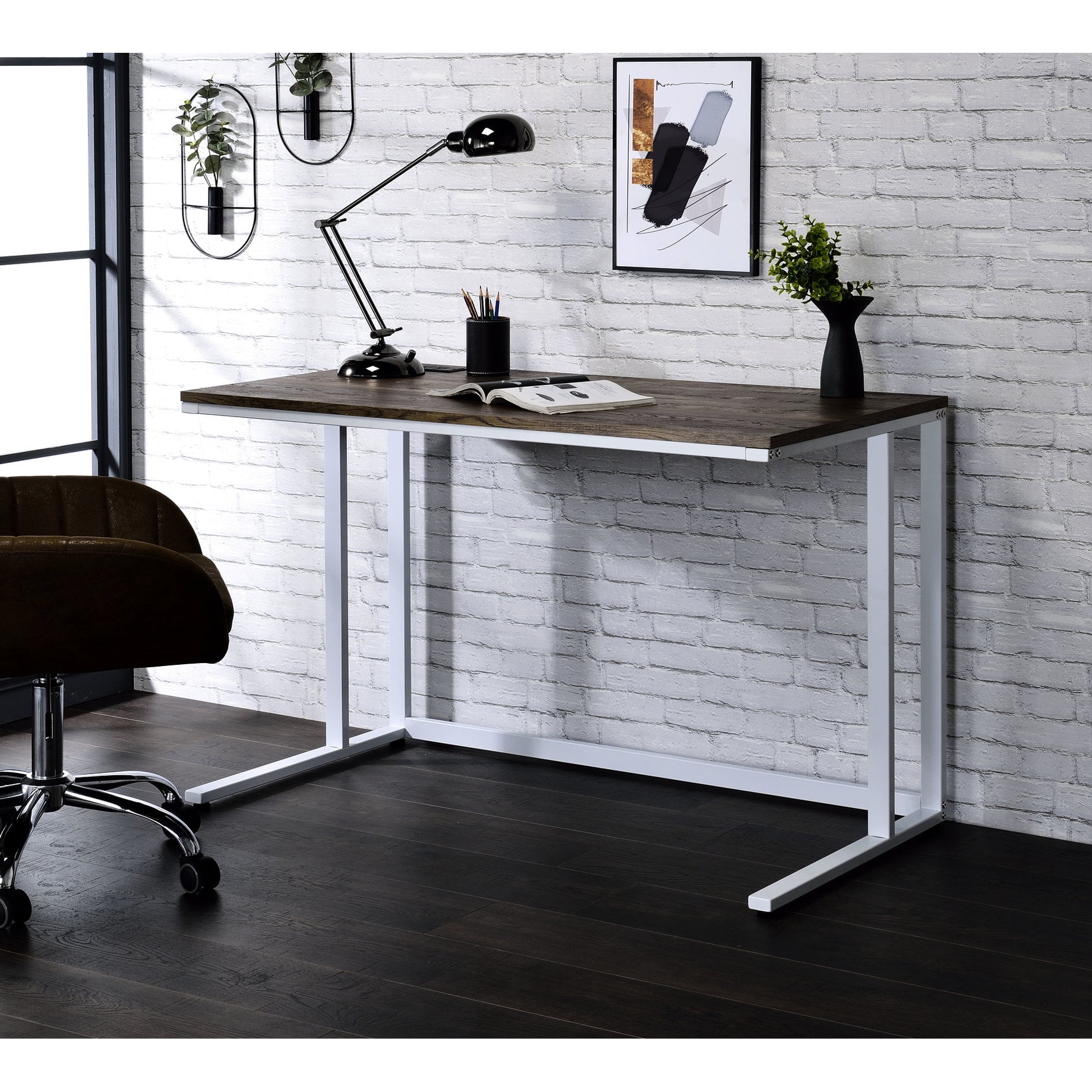 Walnut & White Finish | Rectangular Writing Desk with Built-in USB Port ...