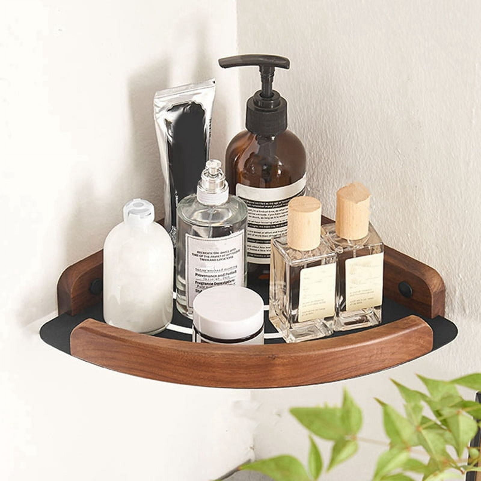 Walnut Wood Bathroom Shelves Wall Mounted Shower Corner Storage Shelf ...