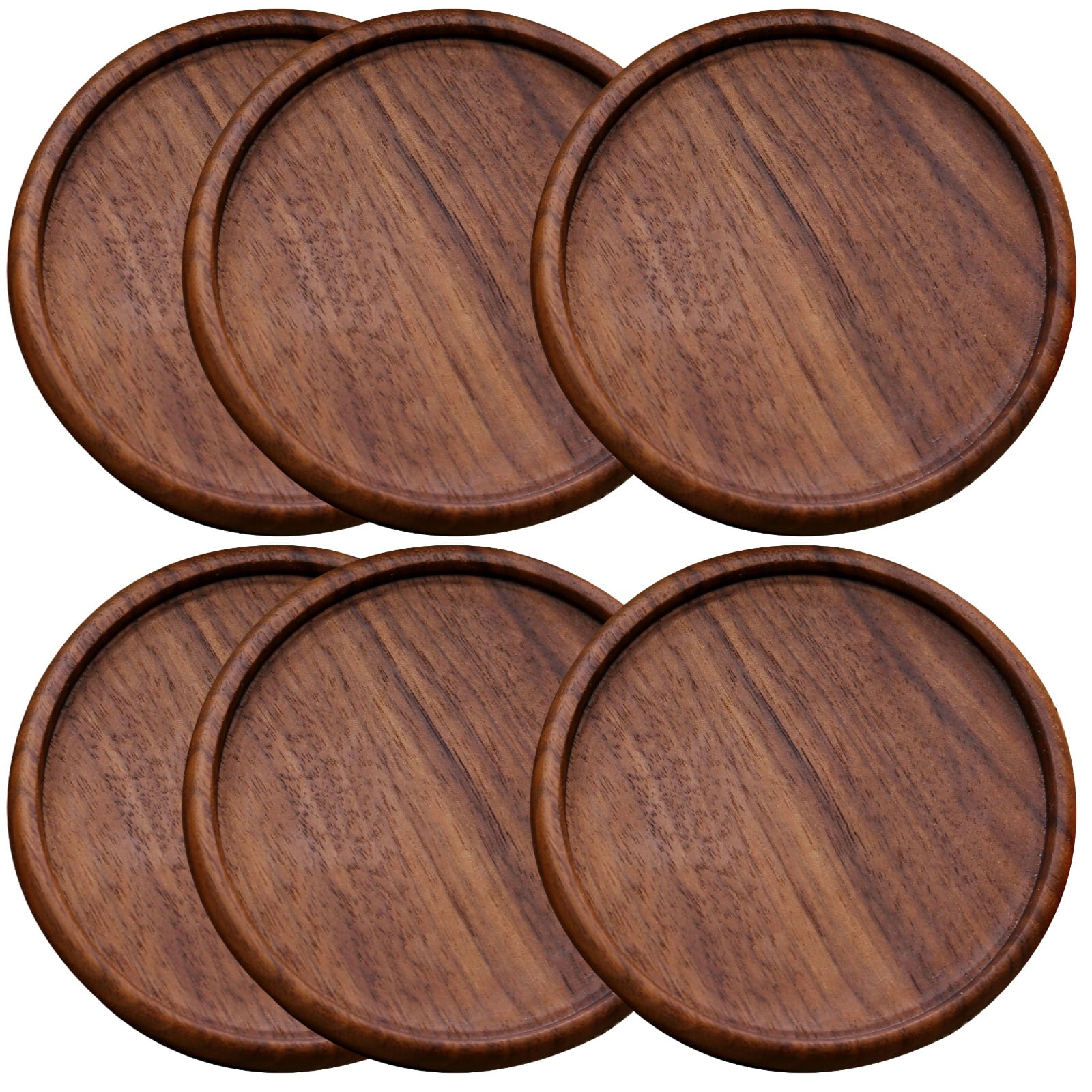 Walnut Wood Coasters Set of 6, Round Drink Coasters with Deep Groove ...
