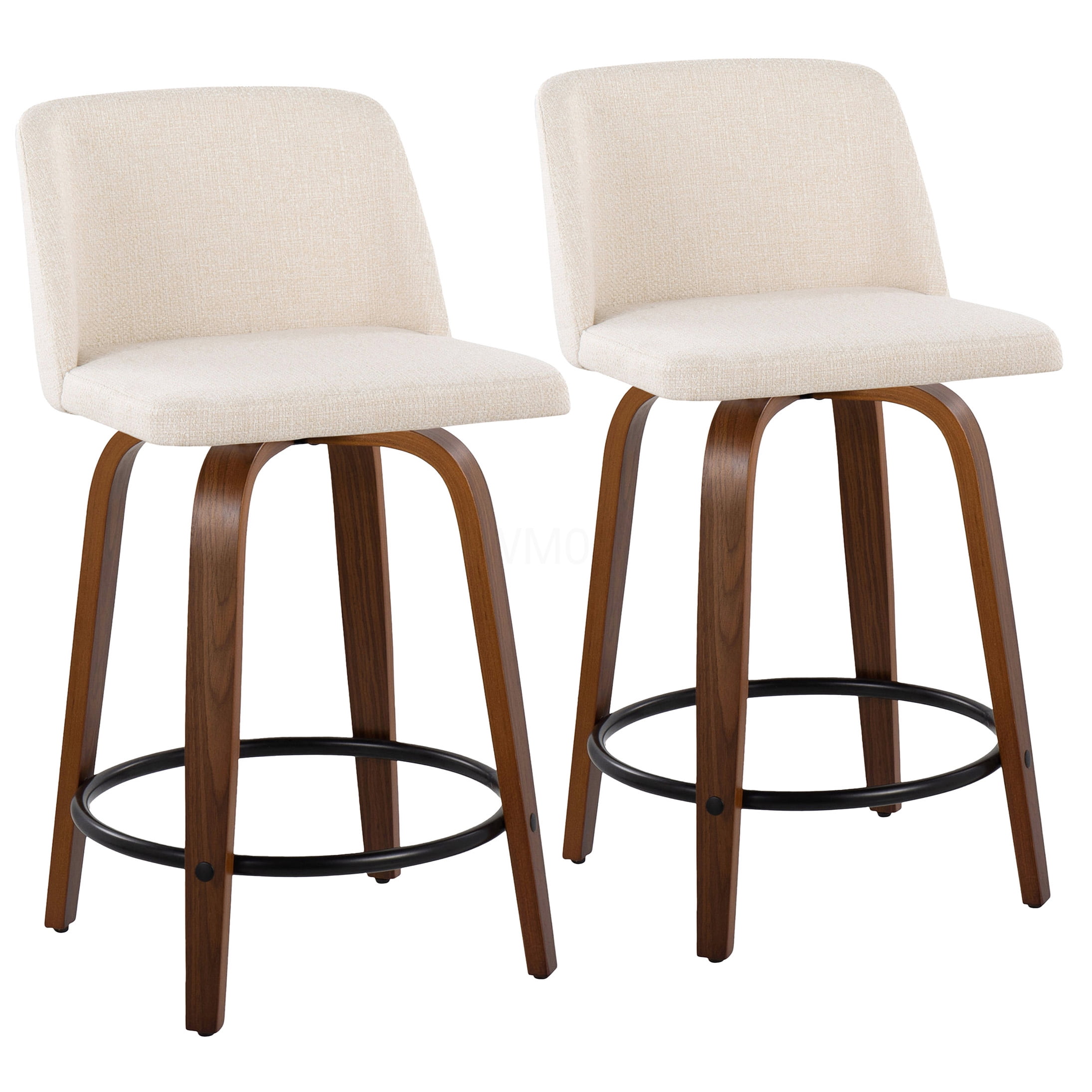 Walnut Wood Counter Stools with Swivel and Cream Fabric Upholstery, Set ...