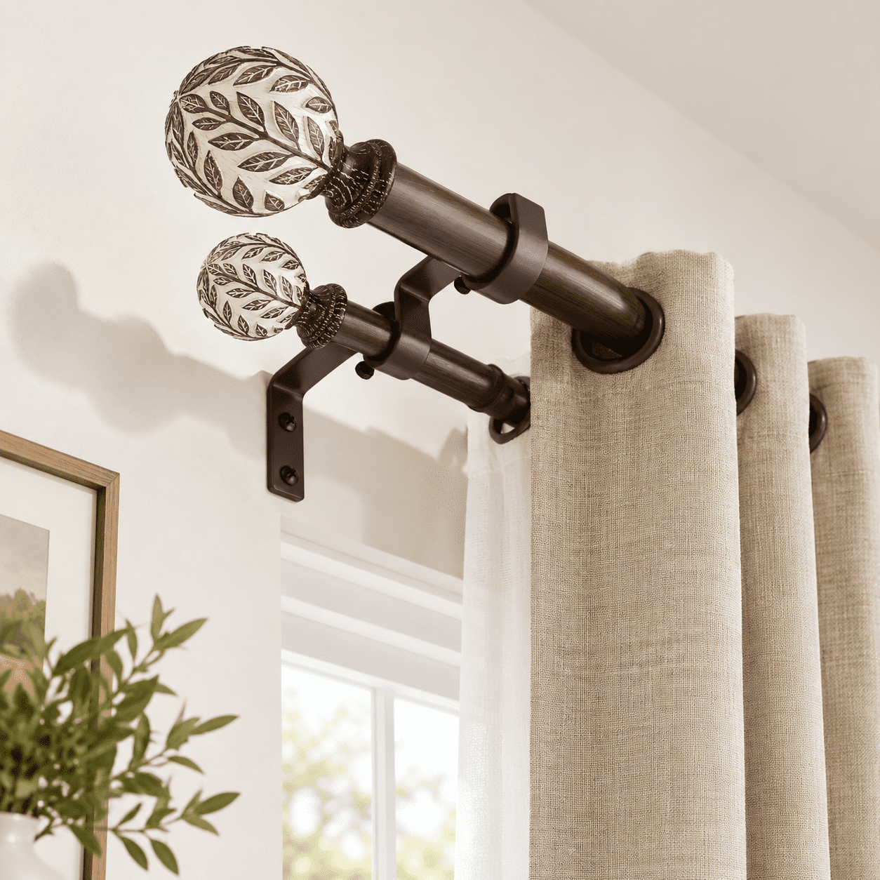 Walnut Wood Double Curtain Rod, Adjustable 36