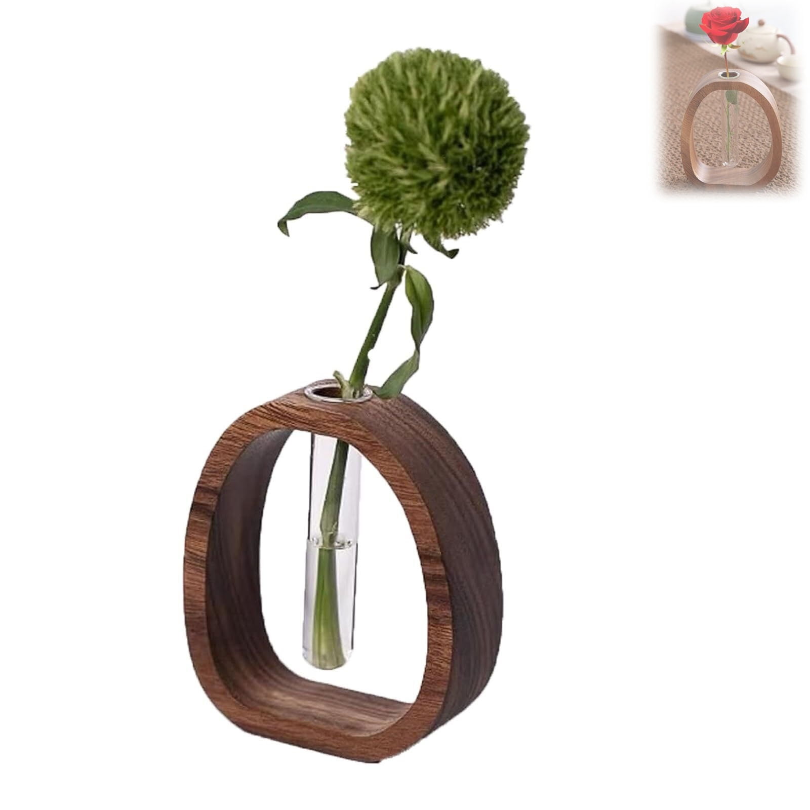Walnut Wood & Glass Flower Vase Solid Wooden Frame Hydroponic Test Tube ...