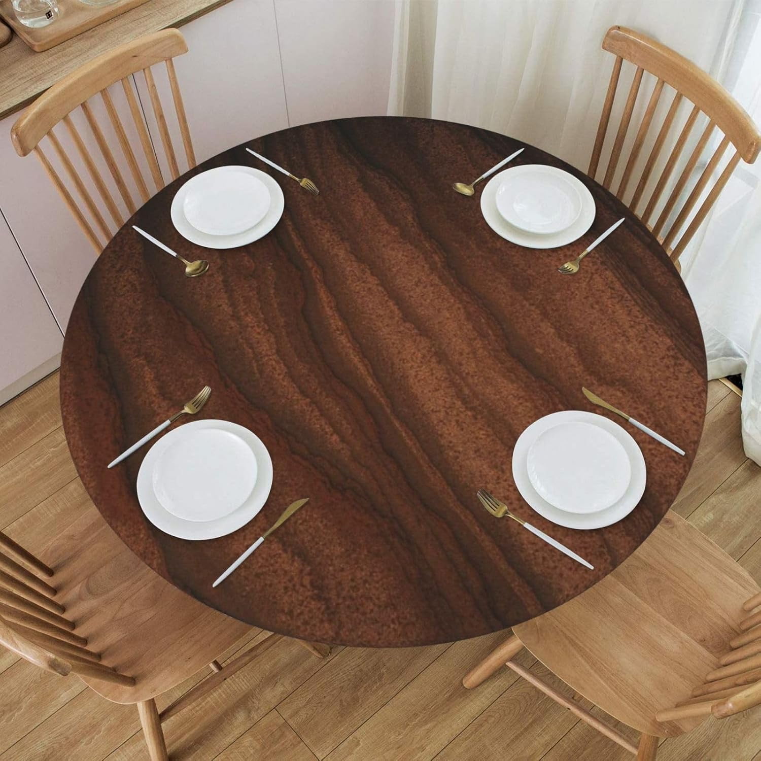 Walnut Wood Grain Round Tablecloth with Elastic Edge Table Cover ...