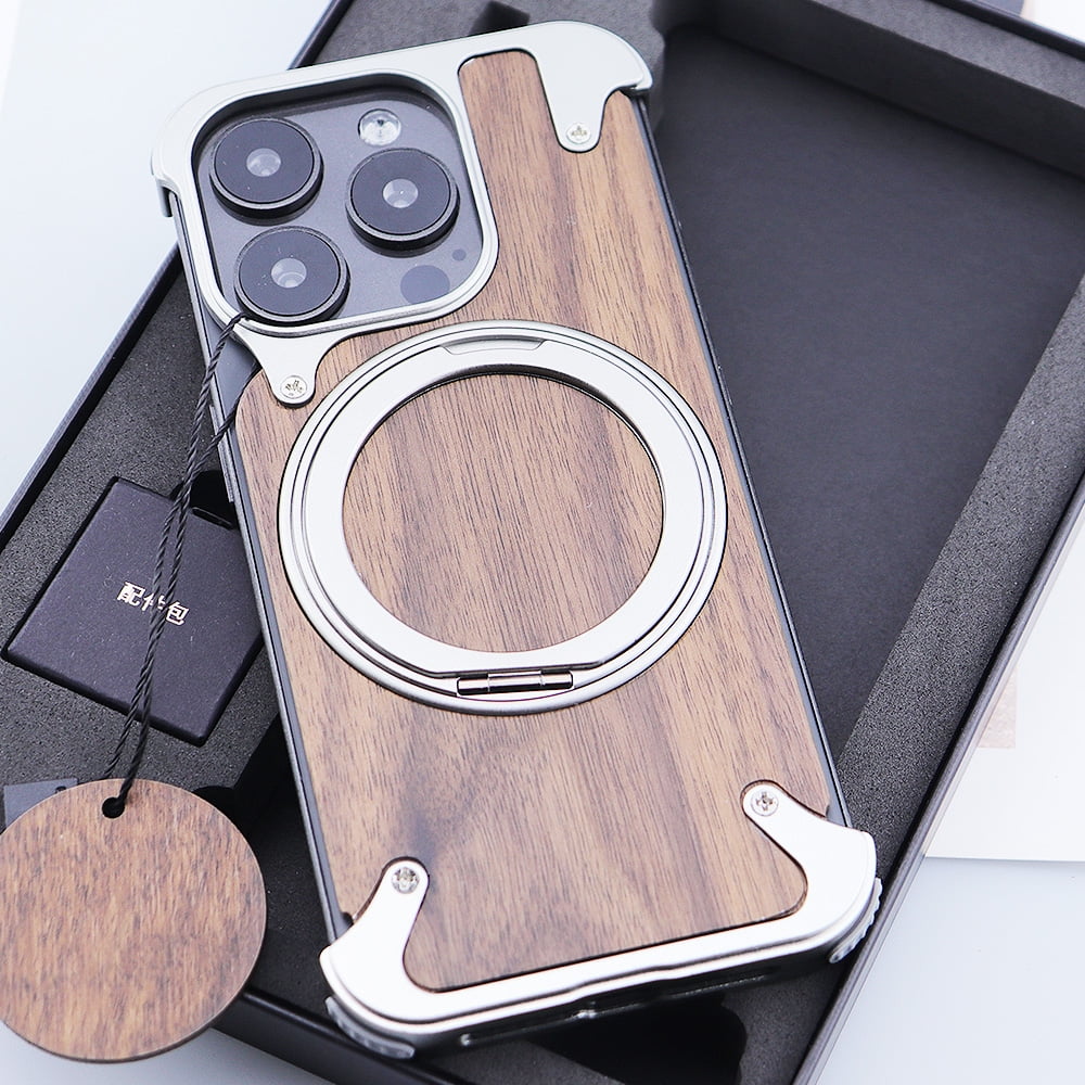 Walnut Wood Metal for iPhone 15 14 Pro Max Case 360°Rotating Ring Stand ...