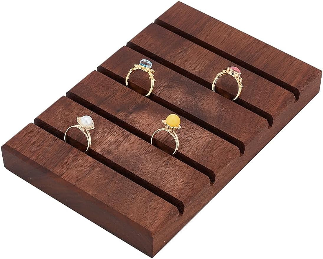 Walnut Wood Ring Display Tray 5-Slot Finger Ring Organizer Earring Card ...