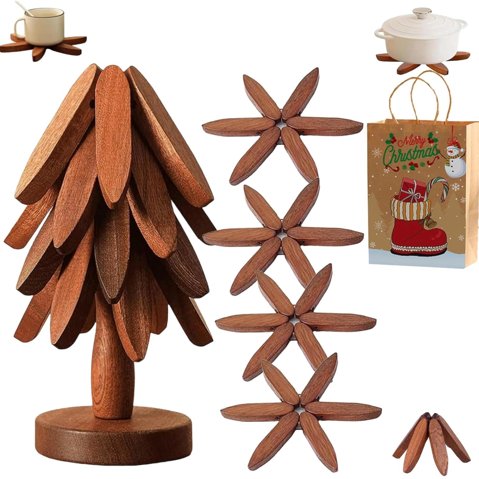 Walnut Wood Tree Trivet Set, Christmas Tree Trivet Set - 4 Wooden ...