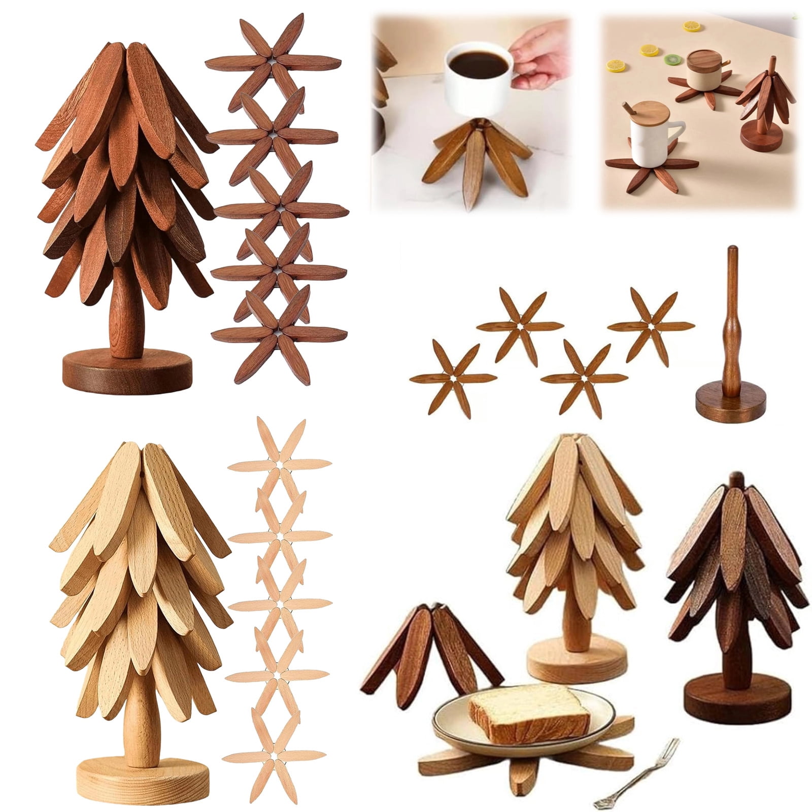 Walnut Wood Tree Trivet Set, Christmas Tree Trivet Set, 5 Wooden ...