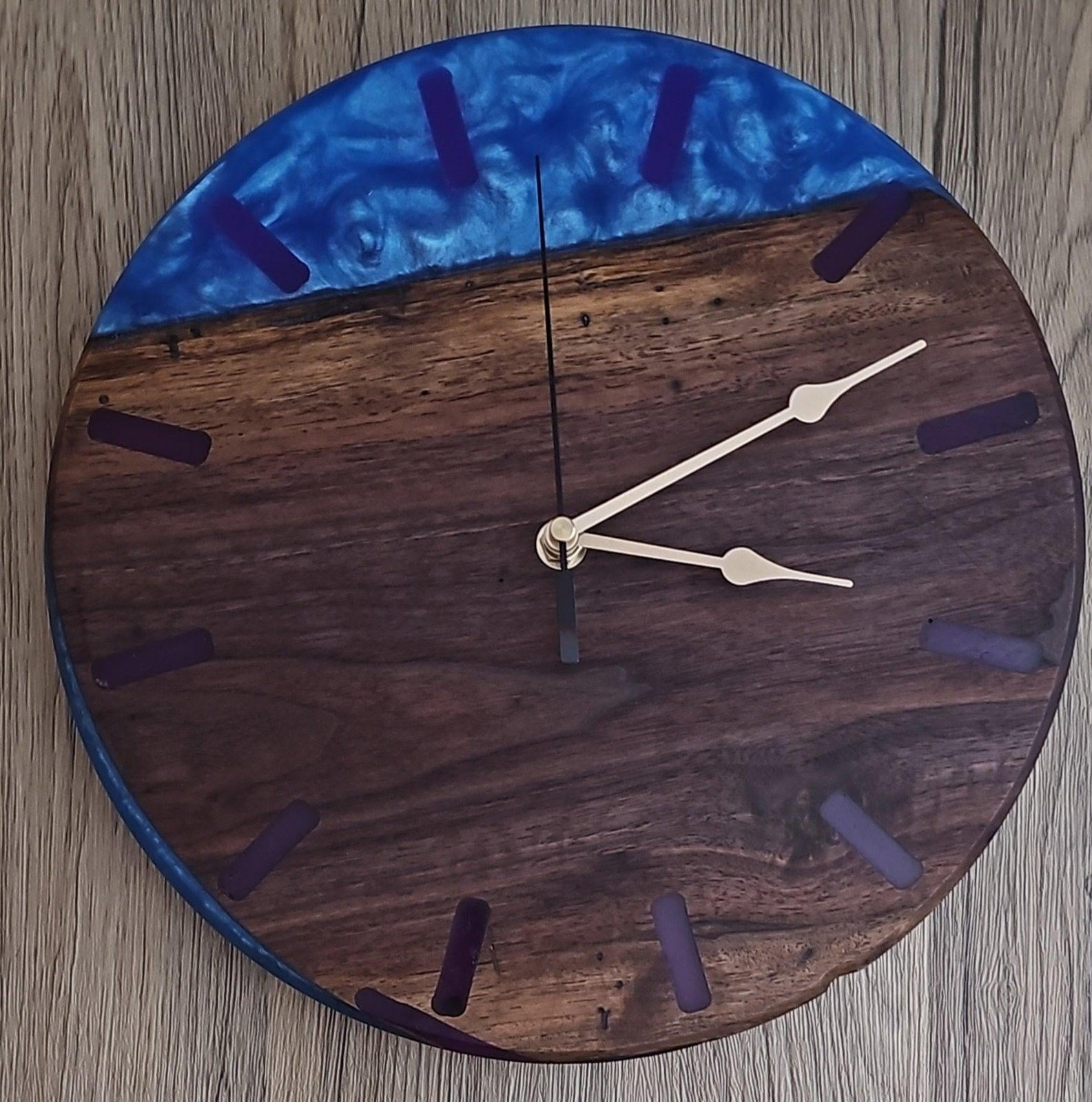 Walnut Wood with Sea Blue with Purple Number Marks Epoxy Clock ...