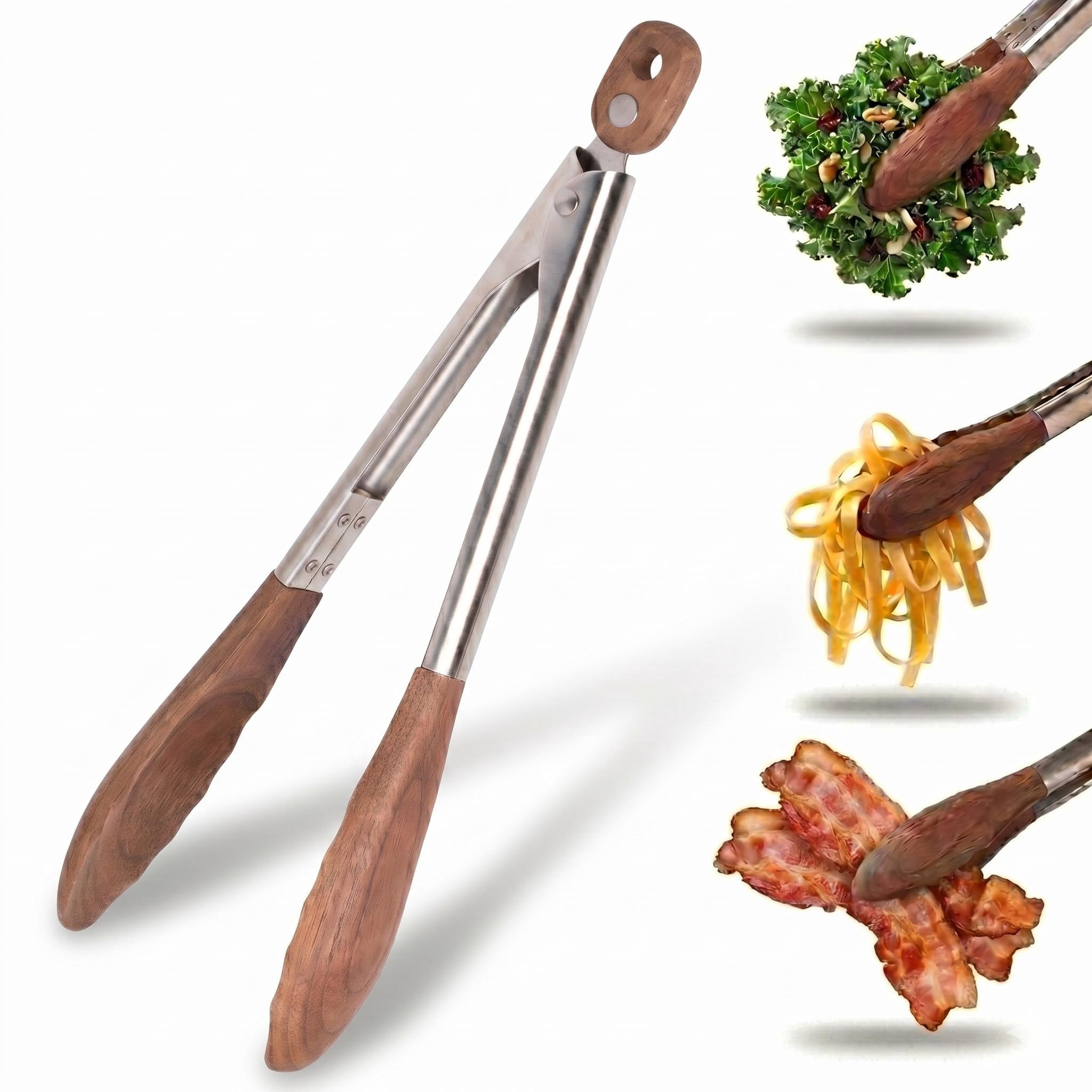 Walnut Wooden Food Tongs 12 Inch Cooking Salad Serving Grilling Utensil ...