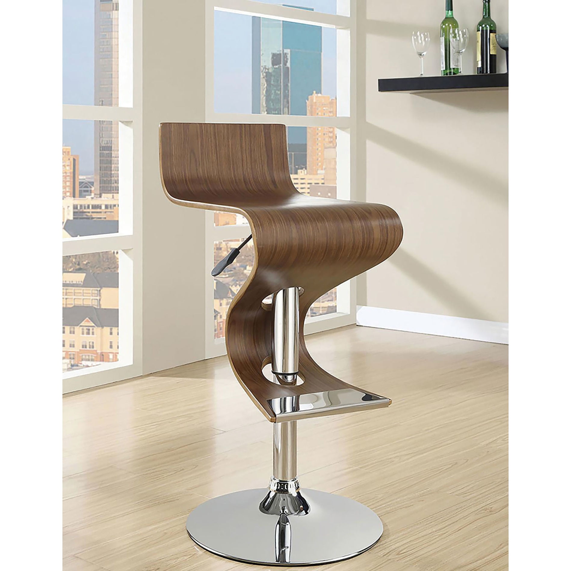 Walnut and Chrome S-Shaped Bar Stool with Wave-Like Curves for Artistic ...