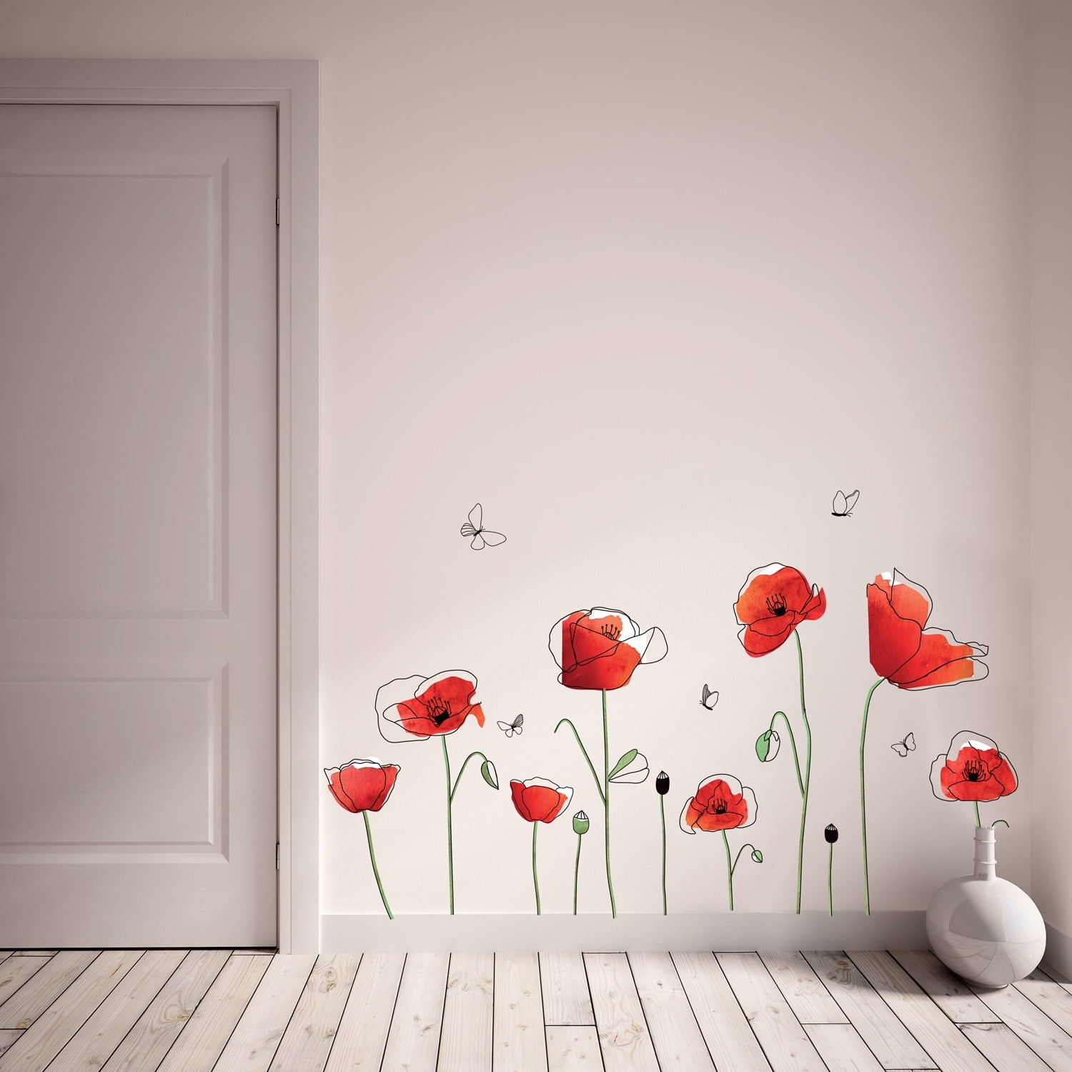 Walplus Poppy Flower Butterfly Wall Sticker Decal Wall Art Home Decor 3 ...