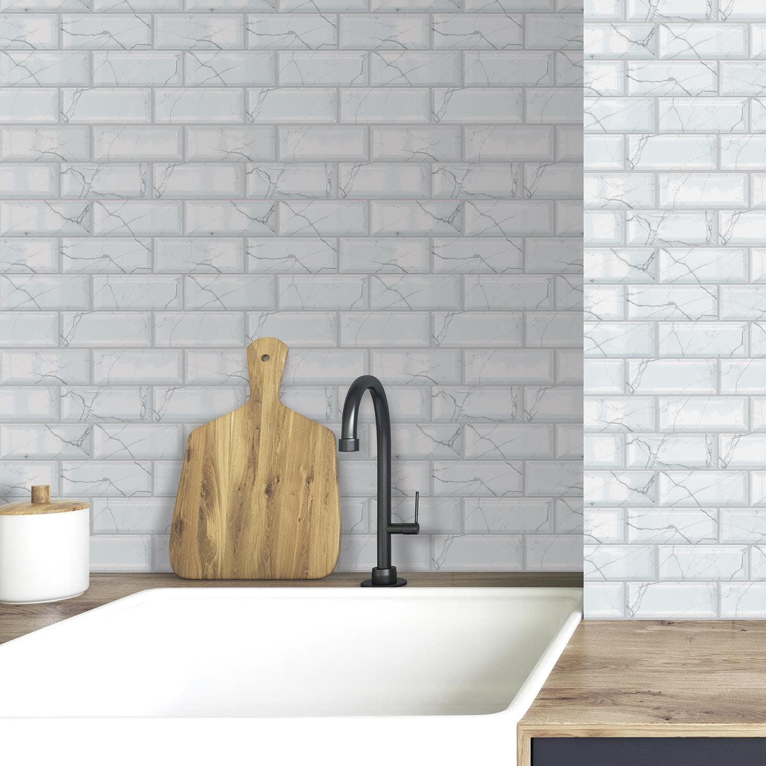 Walplus White Marble 3D Metro Peel and Stick Backsplash Tile Stickers ...