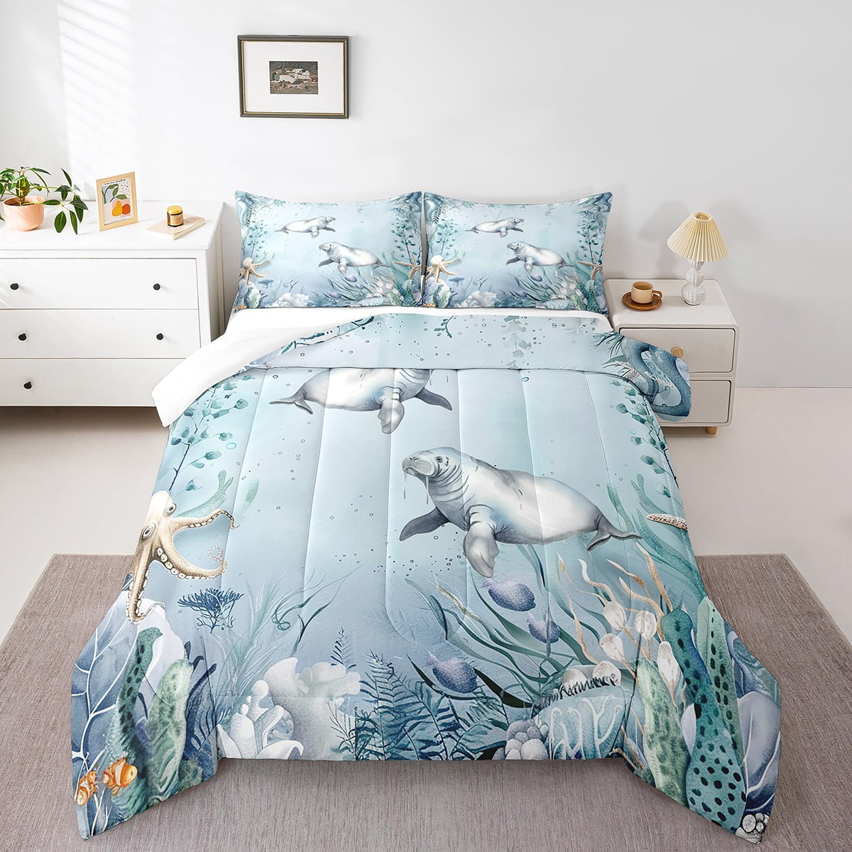Walrus Comforter Set Teal Blue Ocean Beach Coastal Bedding Comforter ...