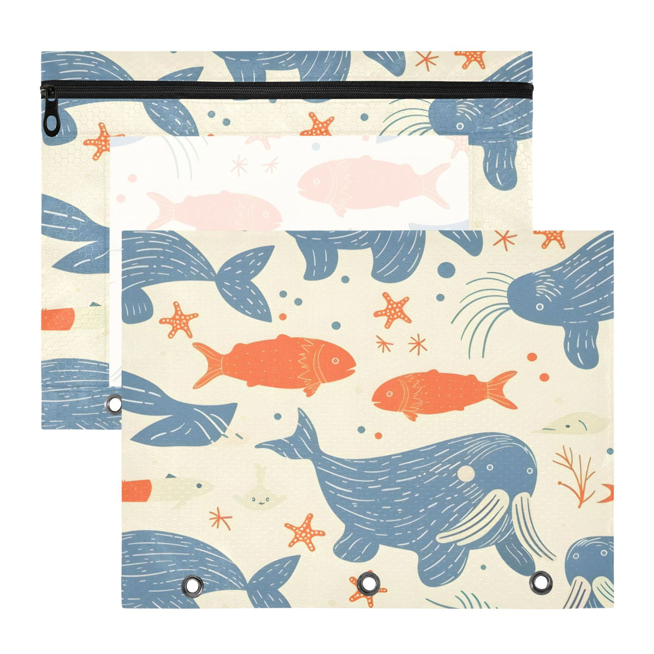 Walrus Fishes and Sea Stars 3-Ring Binder Pouches A4 Size Zipper Pocket ...