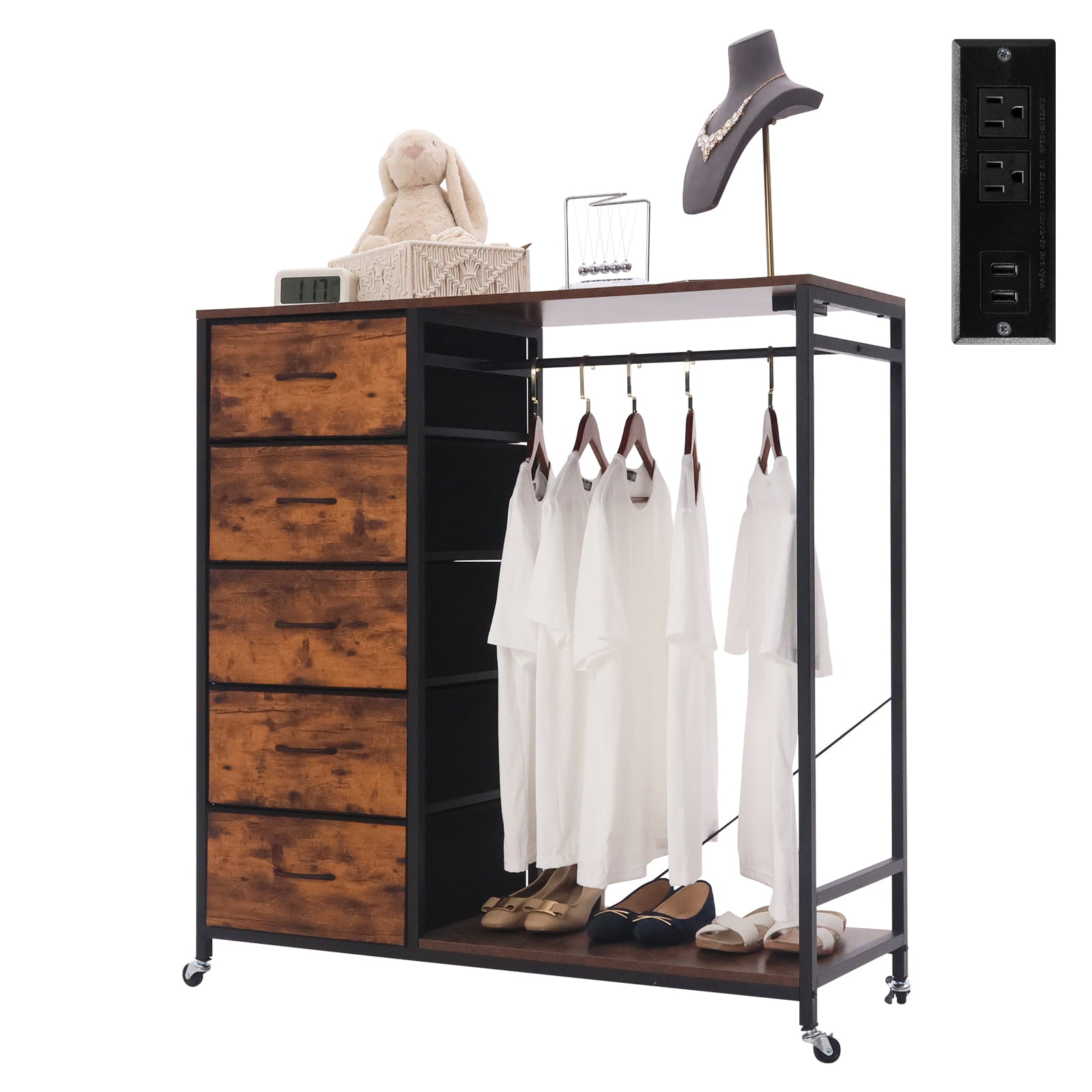 Walsport Dresser for Bedroom with Clothes Rack, 5 Drawers Dresser with ...
