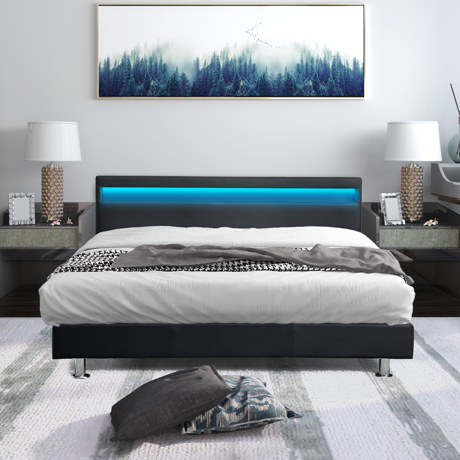 Walsport Full Size Platform Bed Upholstered Bed Frame Bedroom LED Light ...