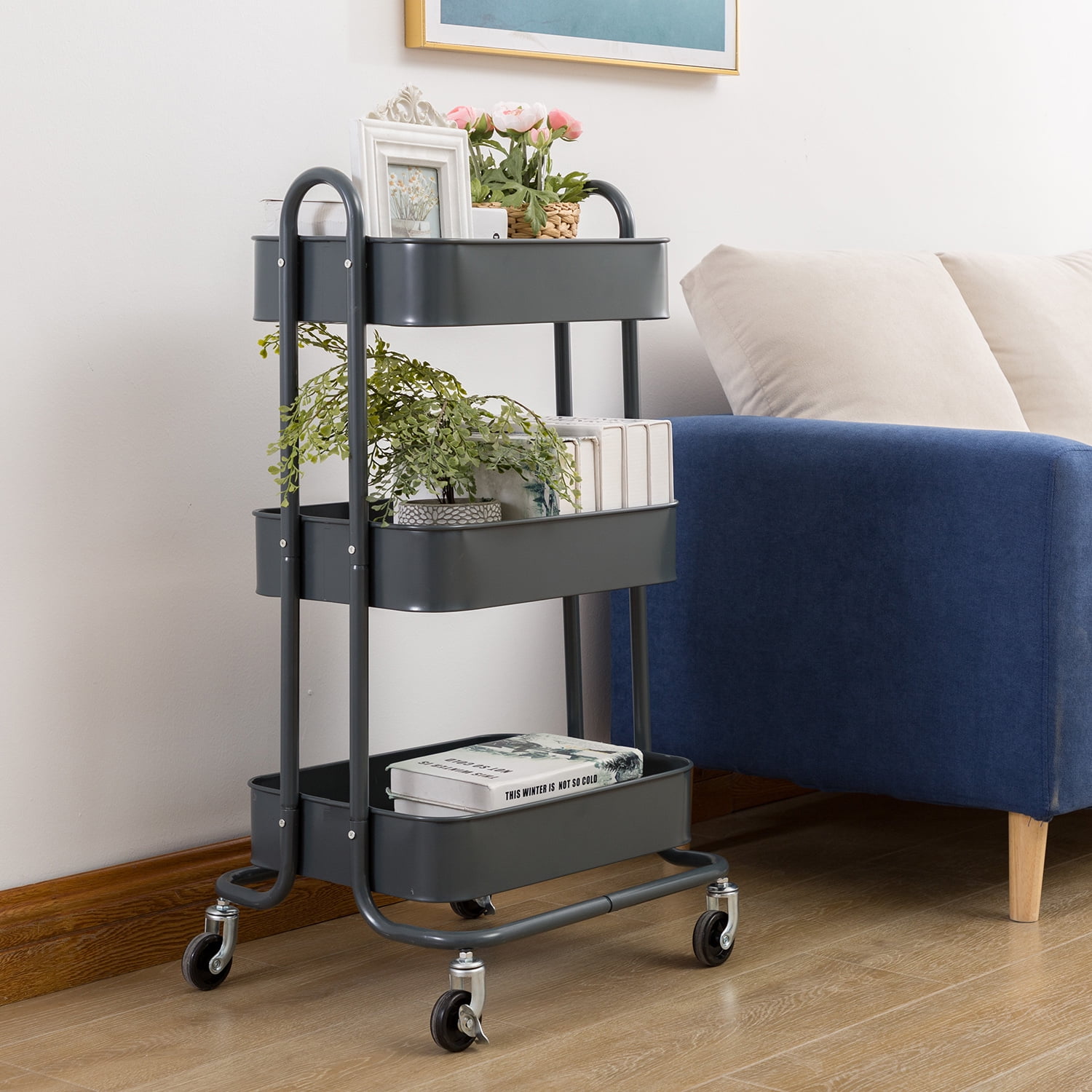Walsport 3-Tier Metal Rolling Utility Cart with Handle for Kitchen ...