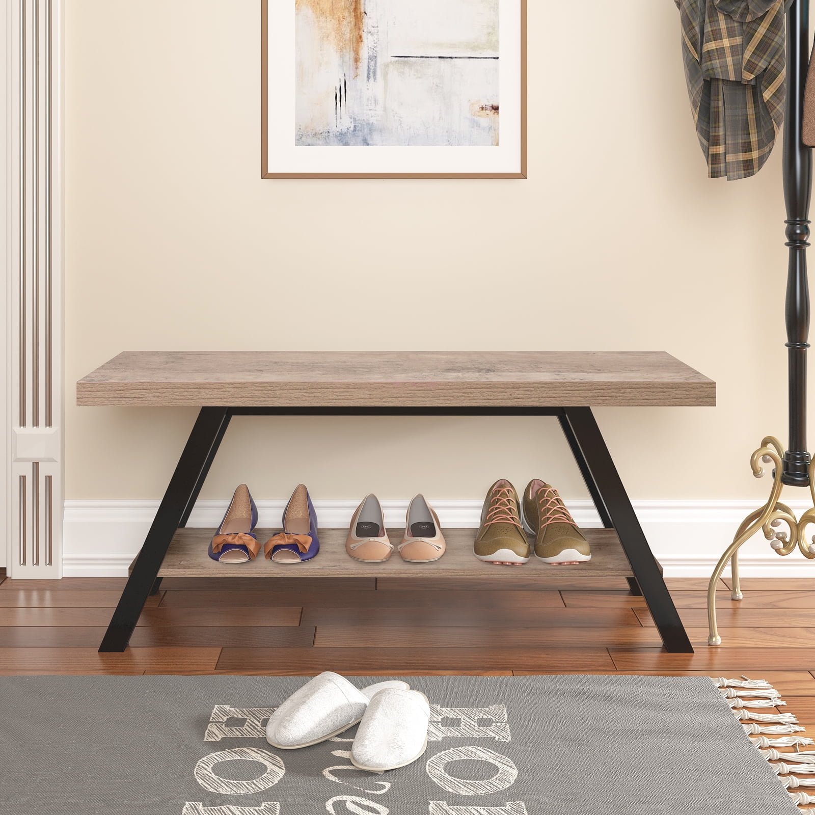 Walsport Shoe Bench,Shoe Rack Cabinet in Foyer Bedroom, Rustic Wood and ...