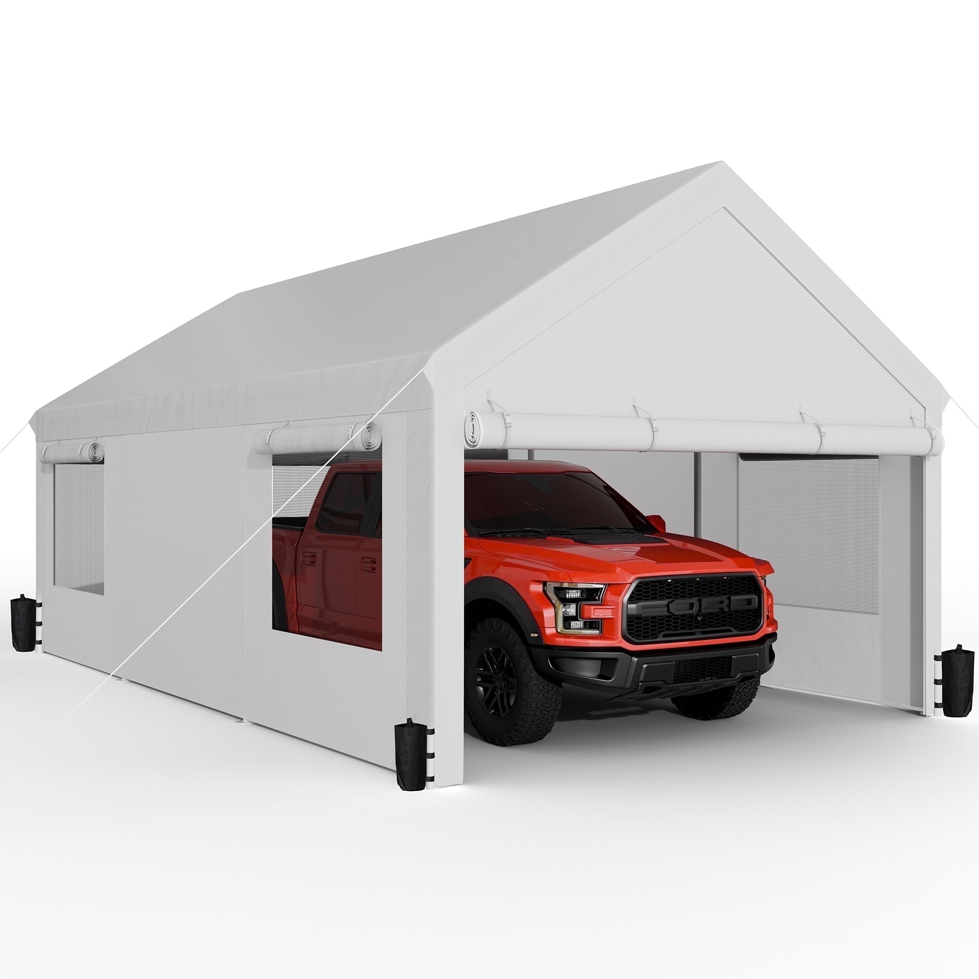 Walsunny 12x20 ft Heavy Duty Carport, Removable Sidewalls & Doors, 4 ...