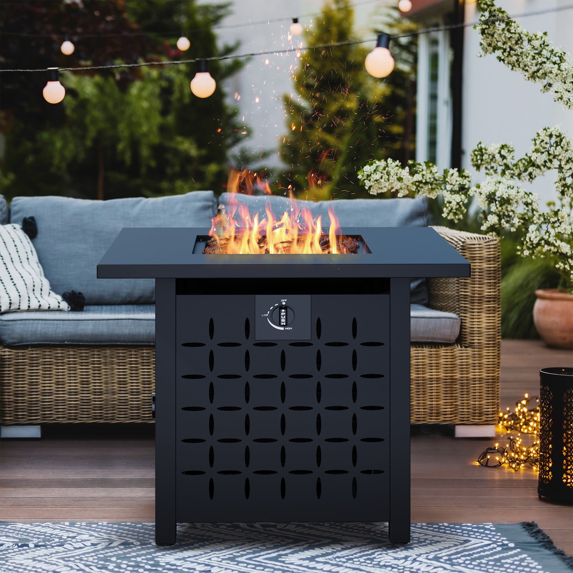 Walsunny 28 Inch Propane Gas Fire Pit Table 40000 BTU with Lid Square ...