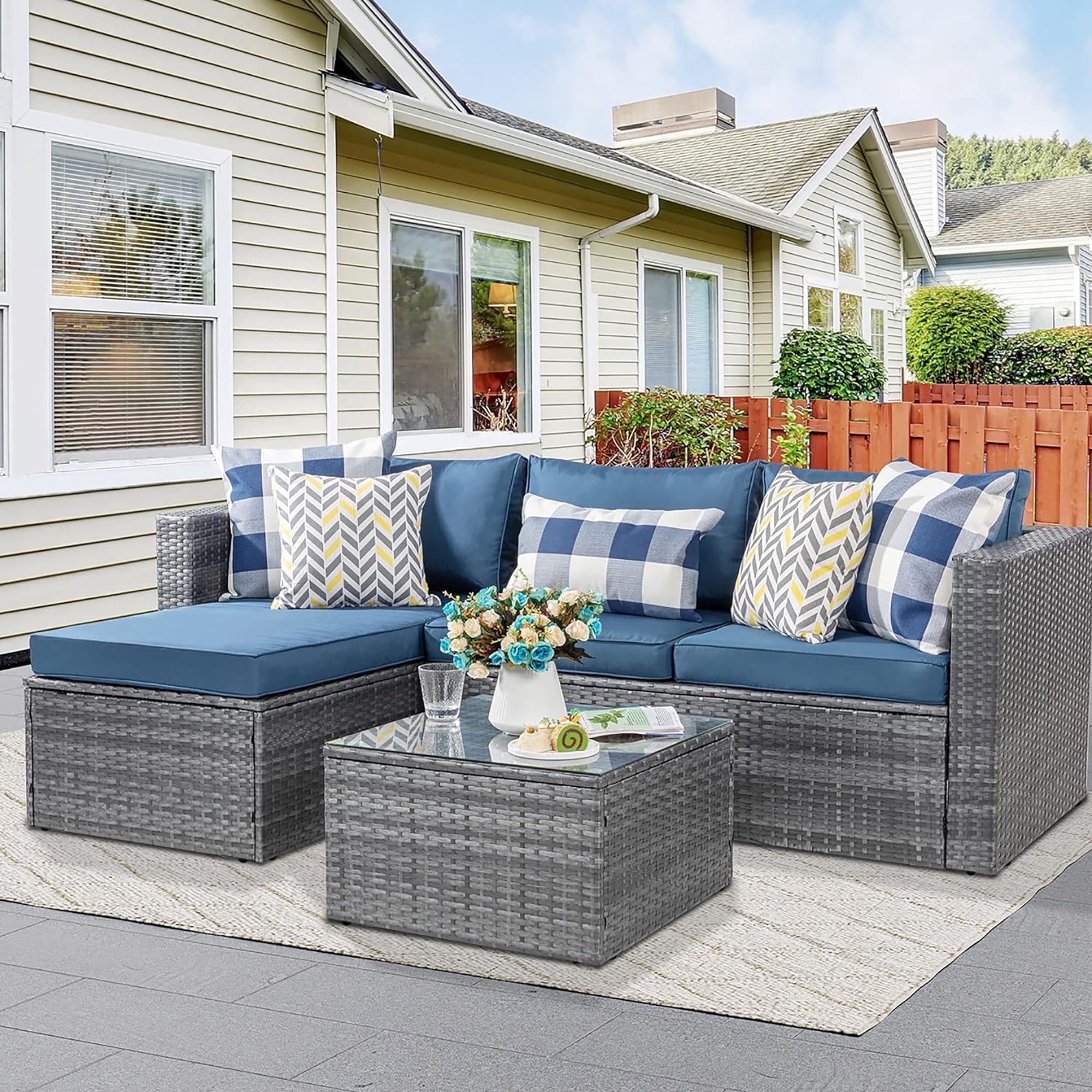 Walsunny 3-Piece Aegean Blue Outdoor Patio Sectional Sofa Set with All ...