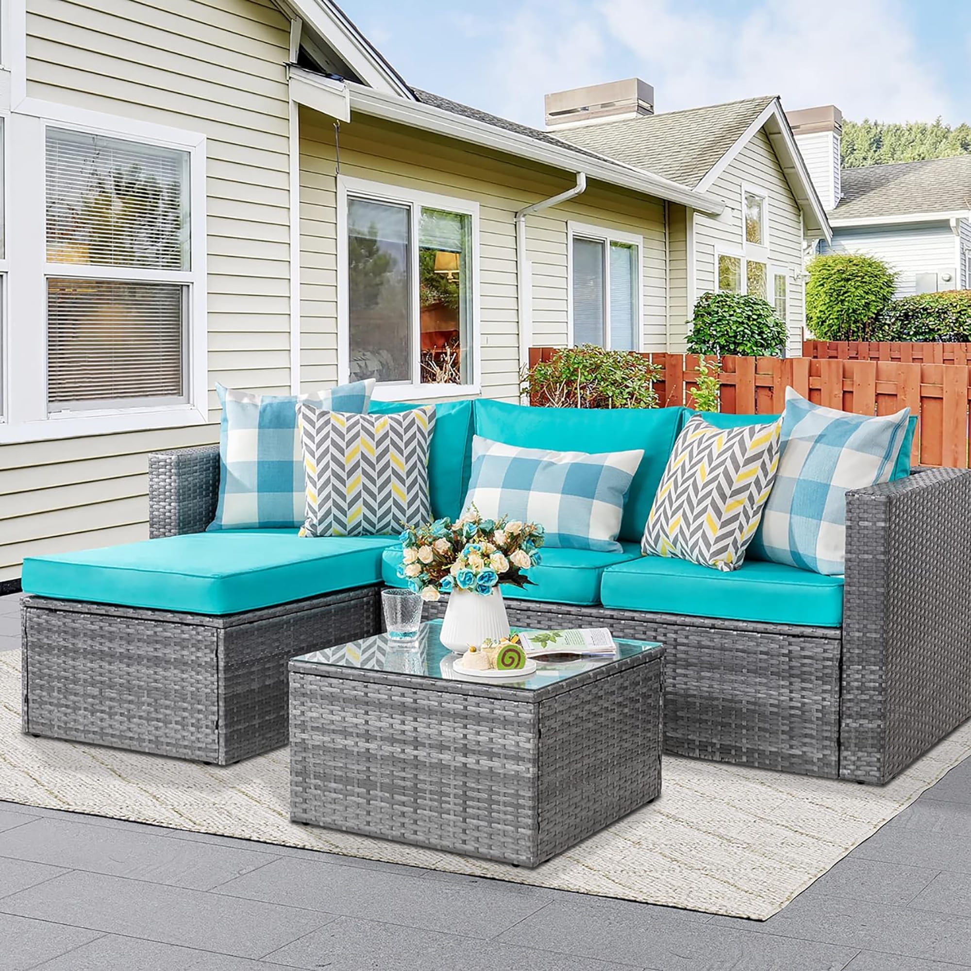 Walsunny 3-Piece Blue Outdoor Patio Sectional Sofa Set with All-Weather ...