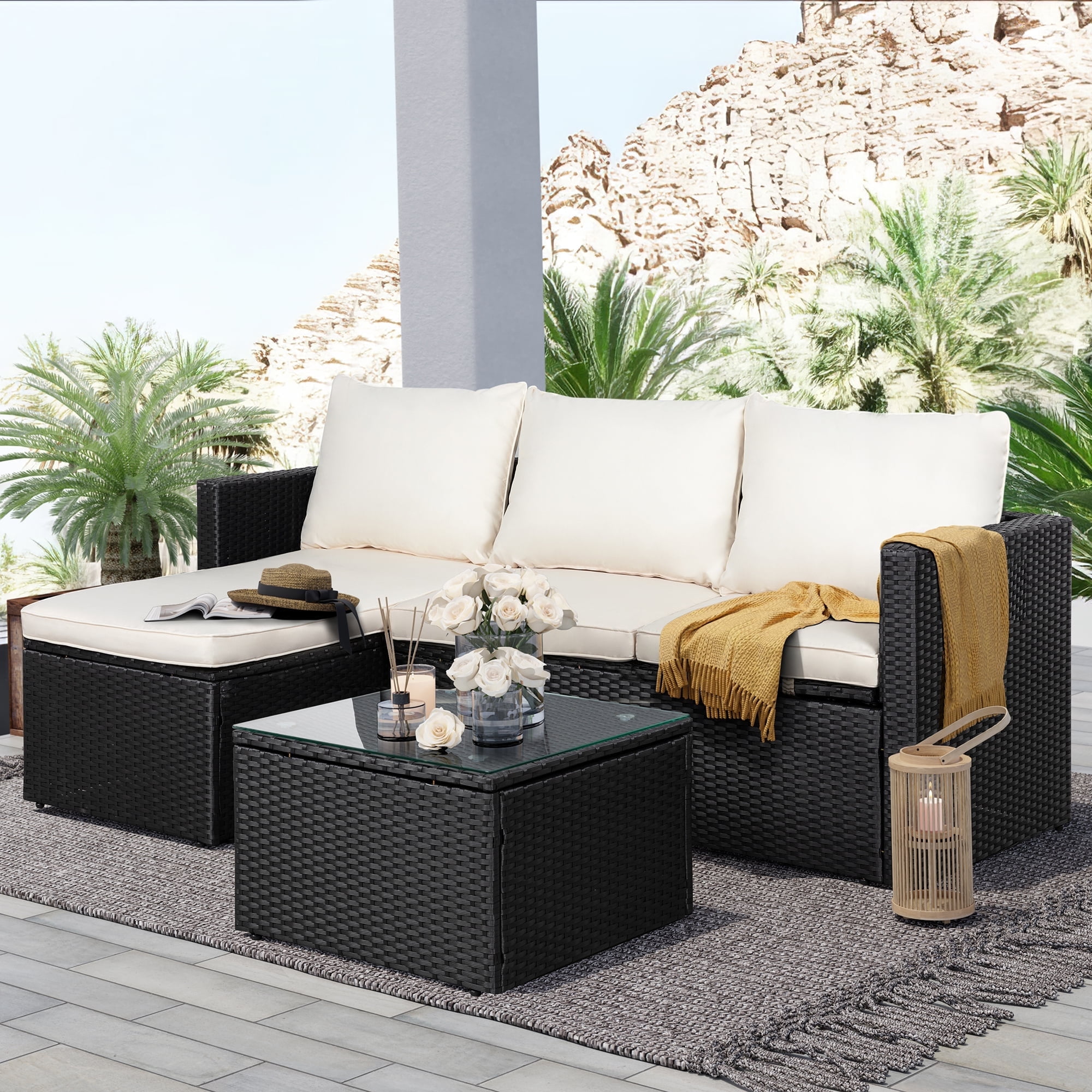 Walsunny 3 Piece White Outdoor Furniture Sectional Sofa Patio Set with ...