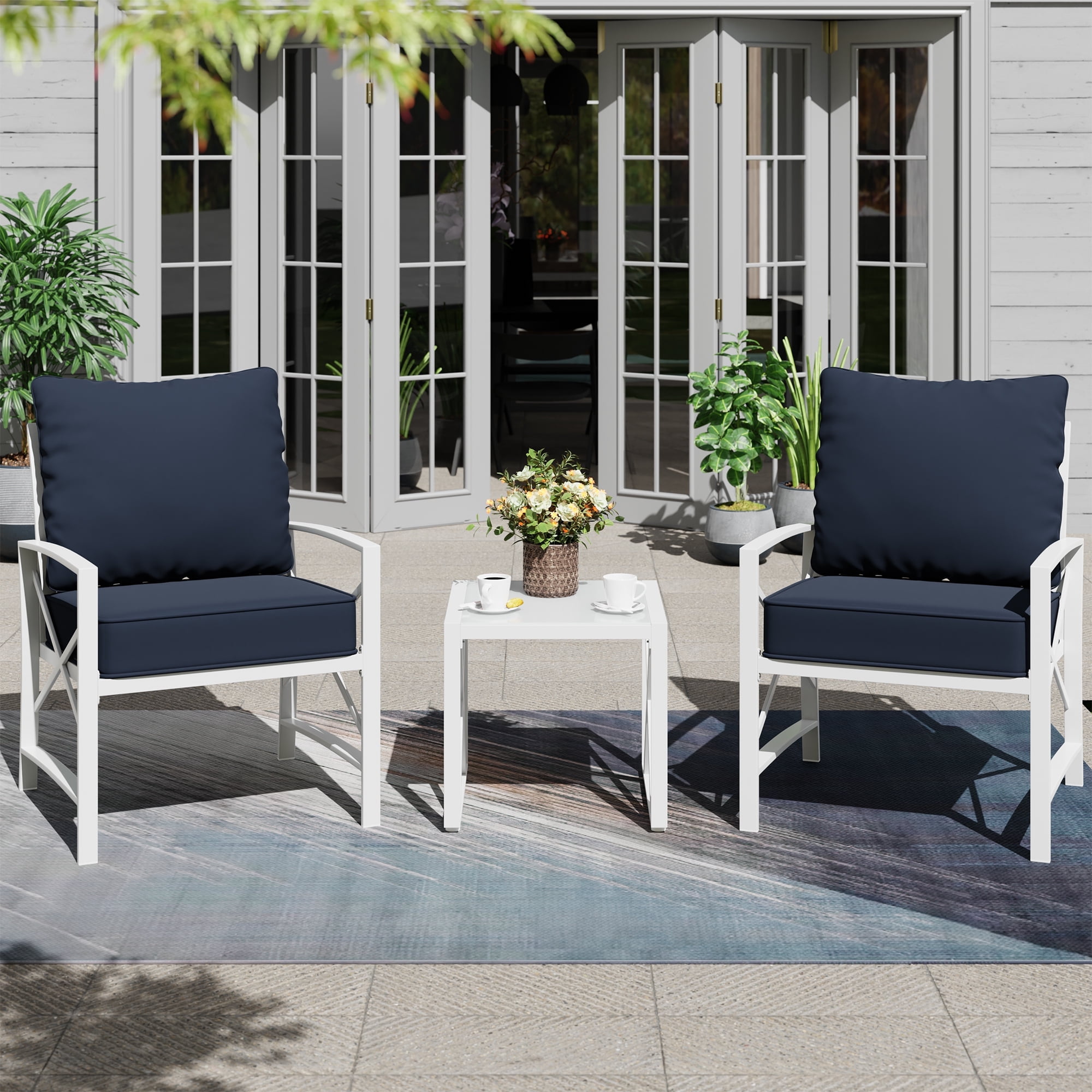 Walsunny 3-Piece Patio Set, Outdoor Conversation with Side Table, Metal Chairs, Detachable ...