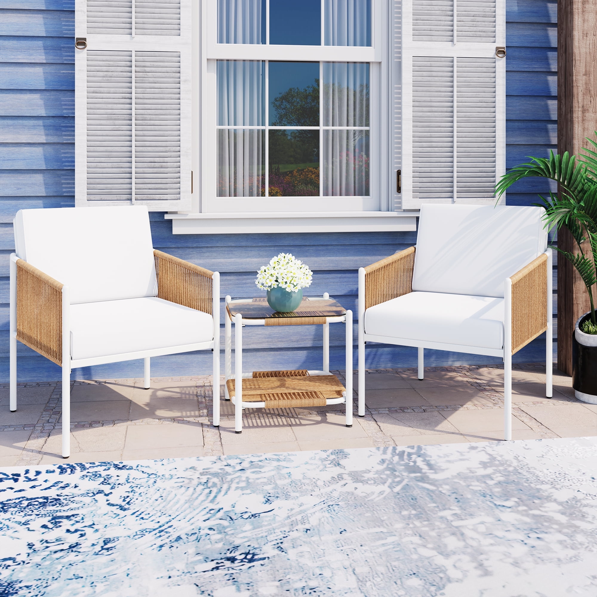 Walsunny 3-Piece Outdoor Patio Furniture Rattan Conversation Set, All ...