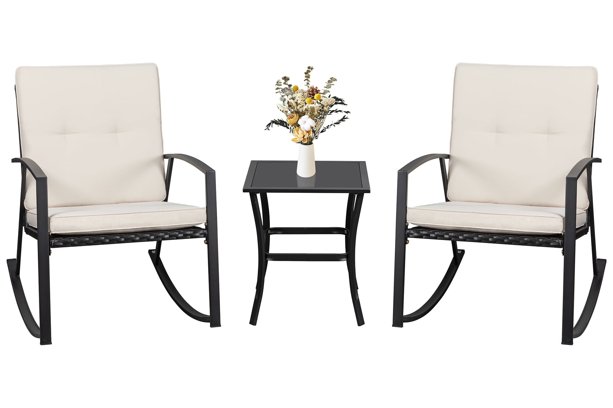 Walsunny 3-Piece Outdoor Patio Set, Rocking Rattan Bistro Chairs with ...