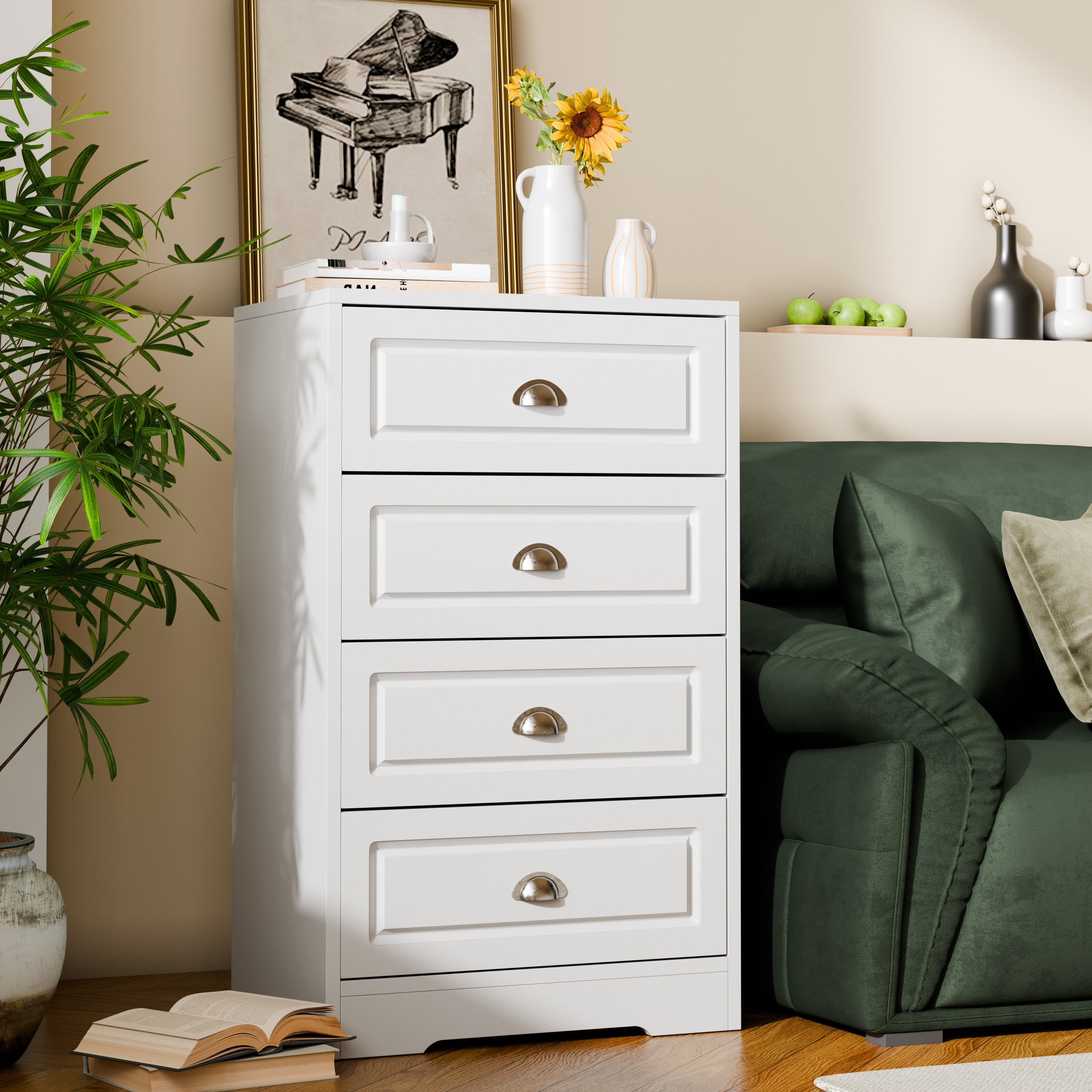 Walsunny 4 Drawer White Vertical Dresser Modern Storage Cabinet with Handle Drawer Chest Wood Organizer for Living Room