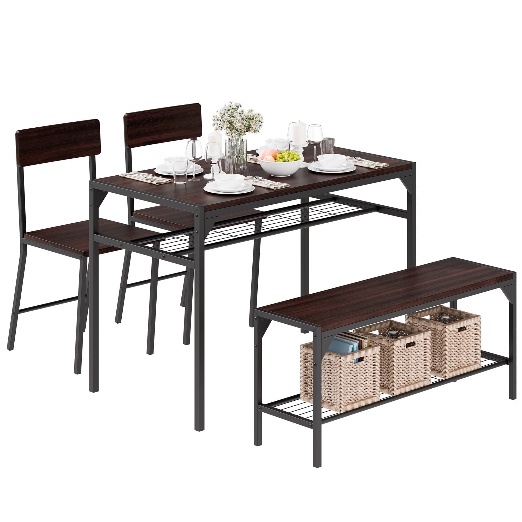 Walsunny 4 Piece Dining Table Set,Kitchen Table with Bench and 2 Chairs ...