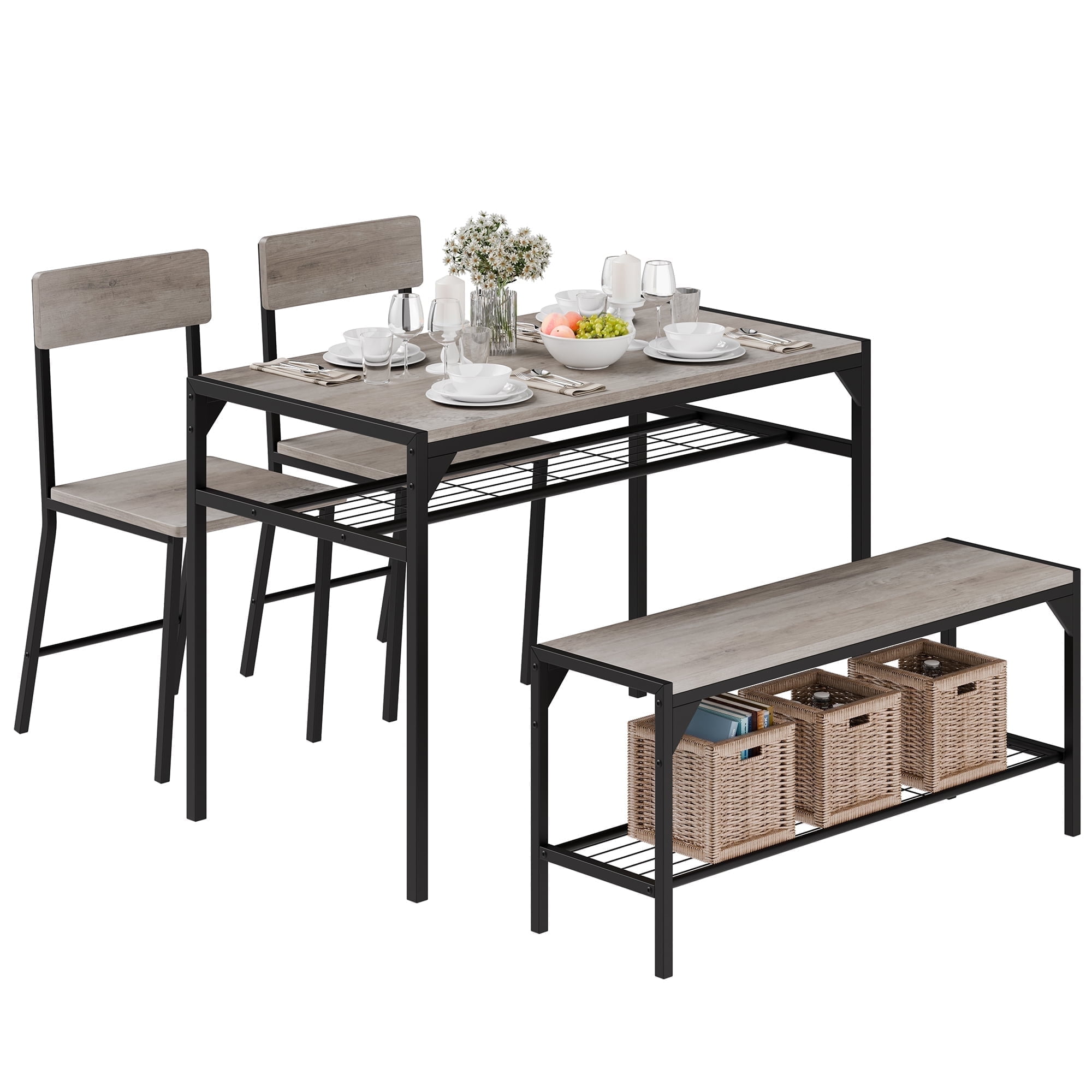 Walsunny 4-Piece Grey Kitchen Dining Set with Bench, 2 Chairs, and ...