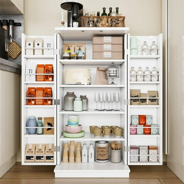 64" Kitchen Pantry Cabinet, Tall Storage Cabinet with Glass Doors and ...