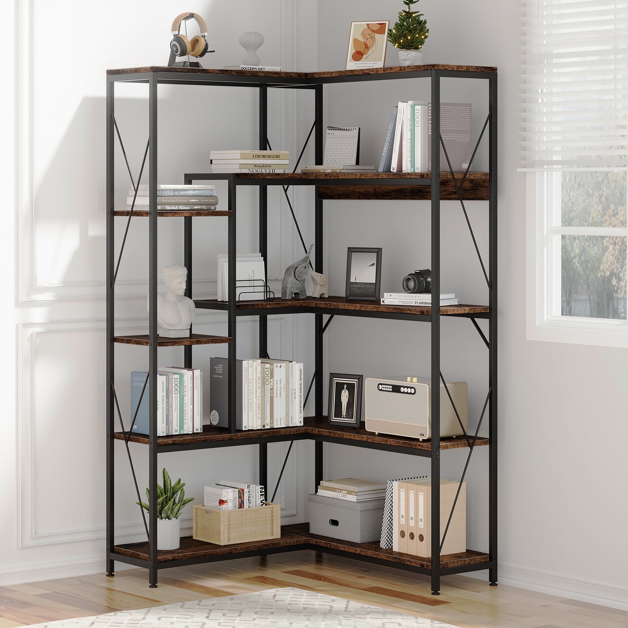 Walsunny 5-Tier Industrial Corner Bookshelf, Metal Frame, Rustic Brown ...