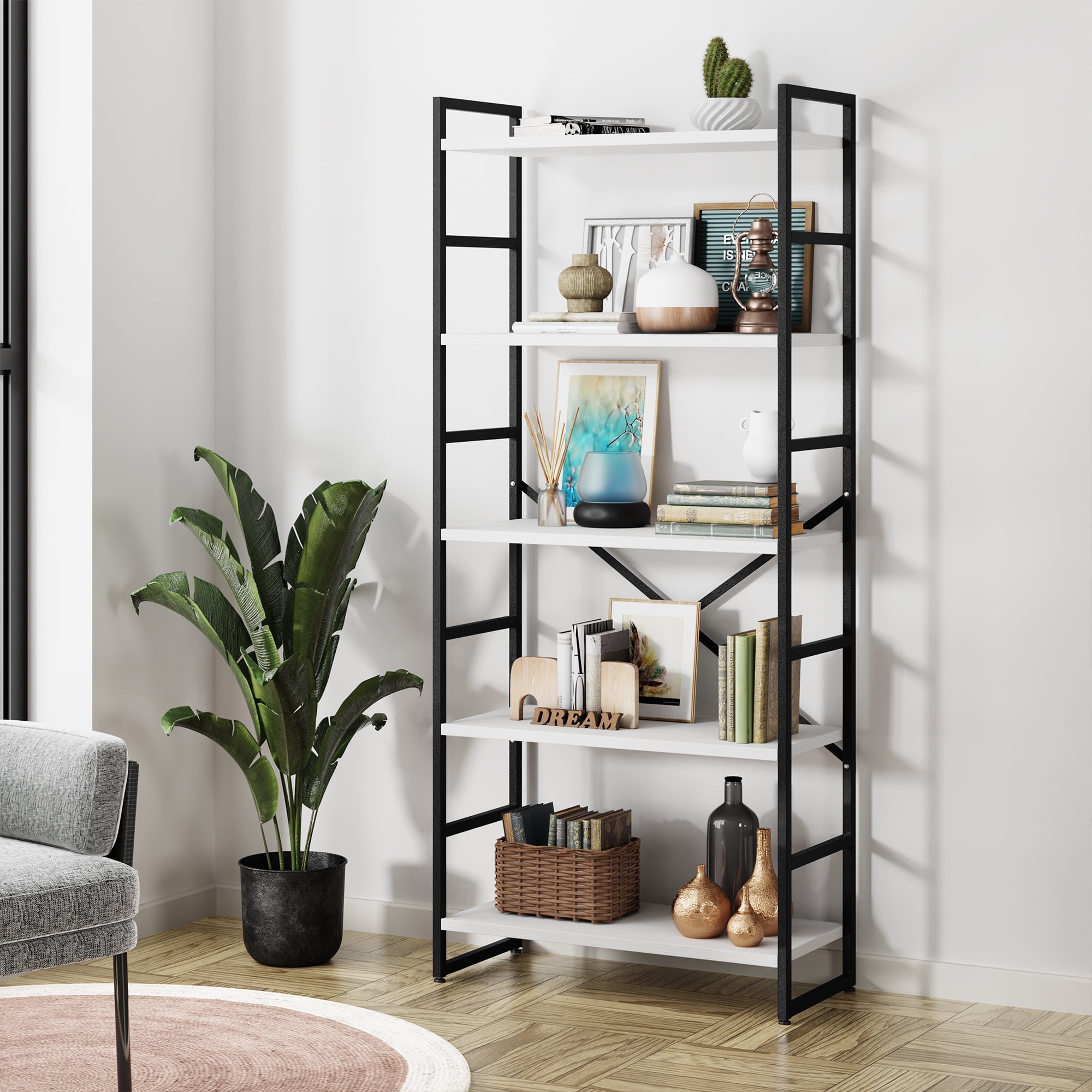 Walsunny 5-Tier Metal & Wood Bookshelf, Industrial Book Rack, Modern ...