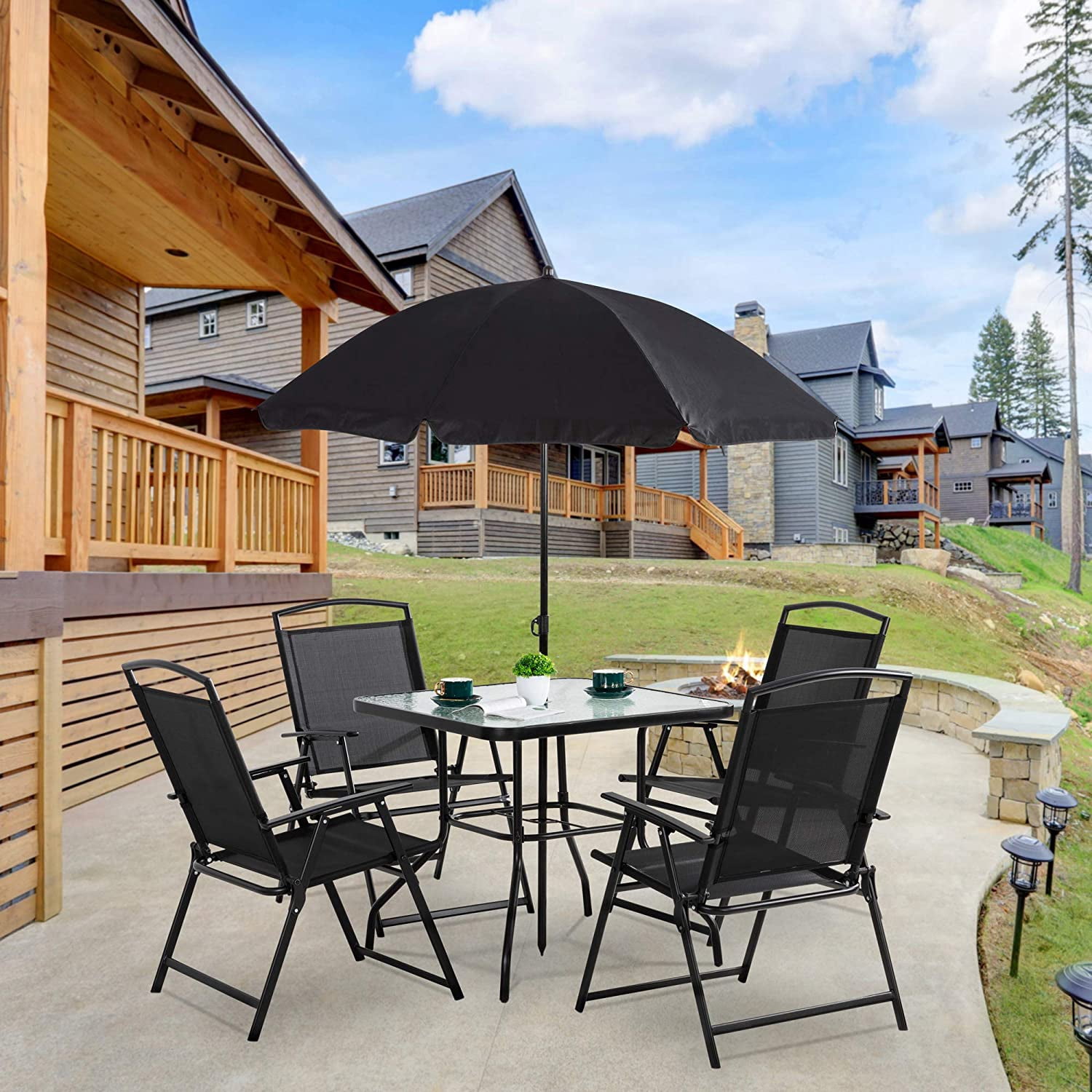 Walsunny 6 Piece Patio Dining Set with Umbrella, Outdoor Garden Set ...