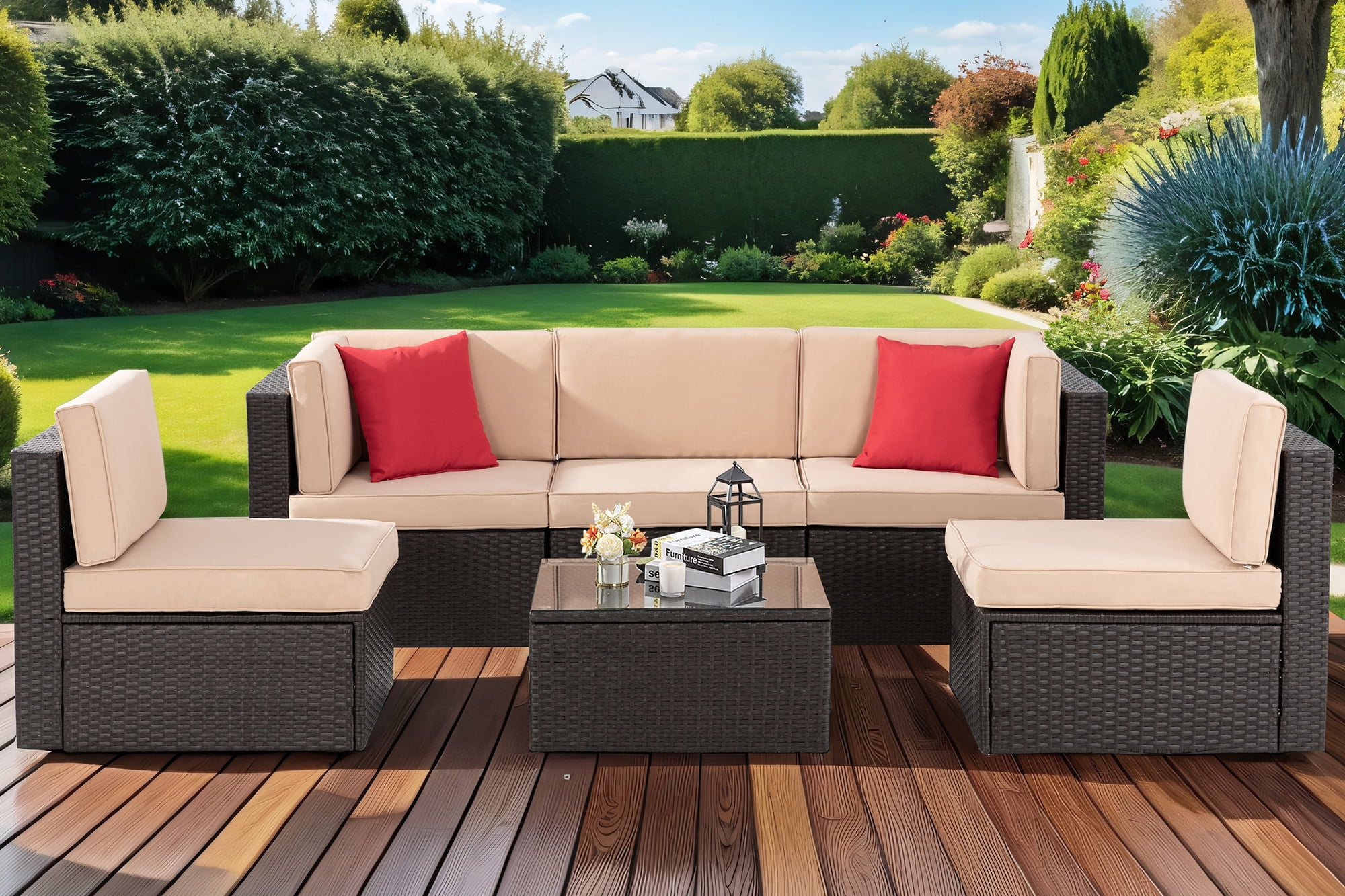 Walsunny 6-Piece Outdoor Patio Furniture Set, All-Weather PE Rattan ...