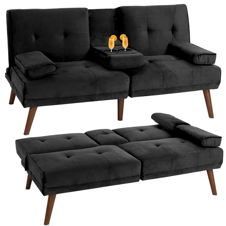 Walsunny 60 Convertible Sofa Bed Small Folding Loveseat Couch Removable Armrest Modern Futon Recliner Sleeper wIth 2 Cup Holder Black