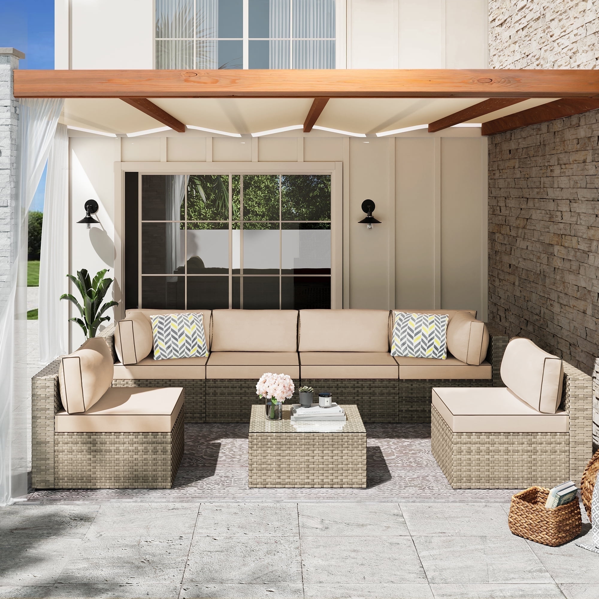 Walsunny 7pc Outdoor Sectional Lounge Couches, PE Rattan Wicker Patio ...
