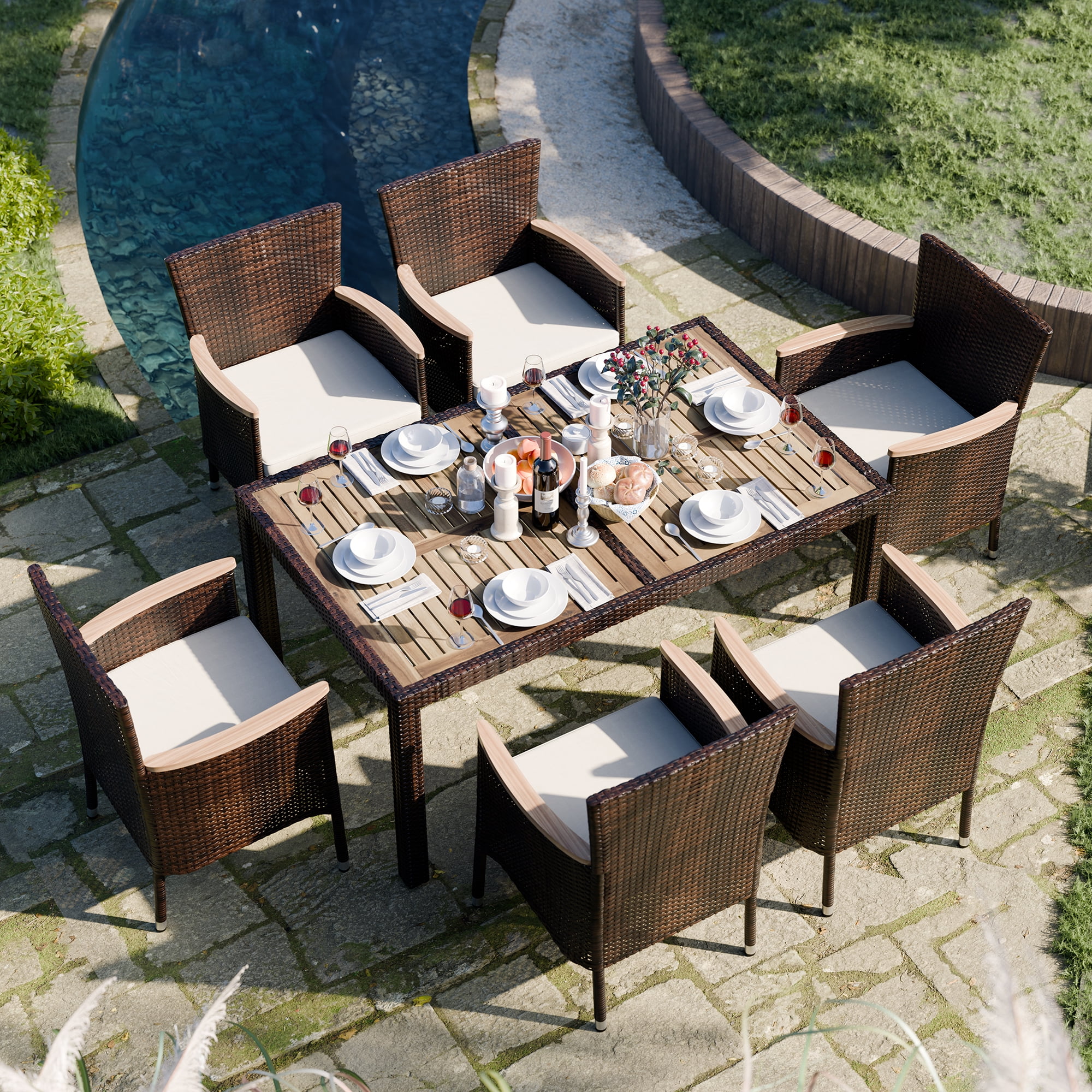 Walsunny 7-Piece Outdoor Dining Set, Wicker Patio Furniture with Wood ...