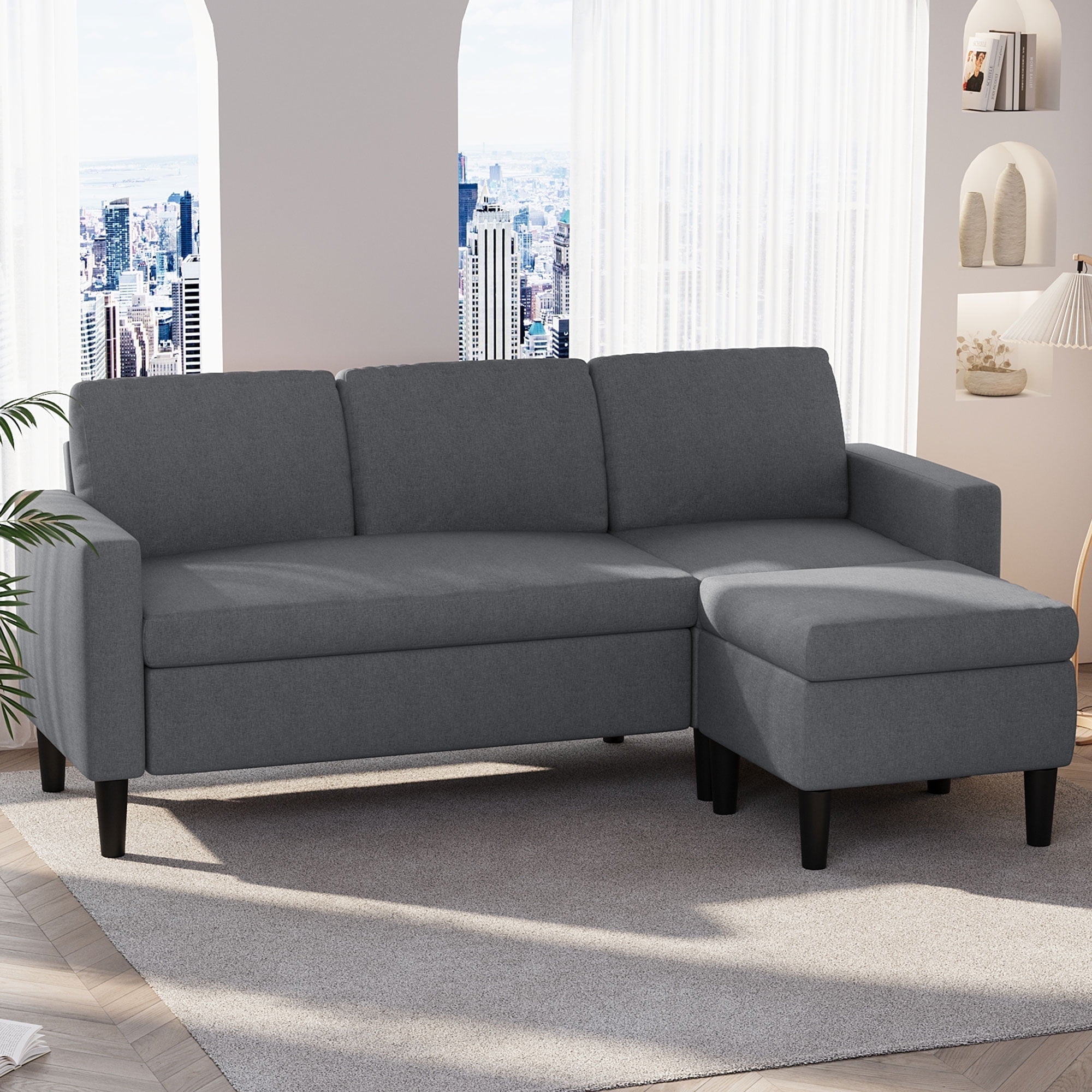 "Walsunny 73.6"" Gray Modern Linen Fabric L-Shaped 3-Seat Sectional ...